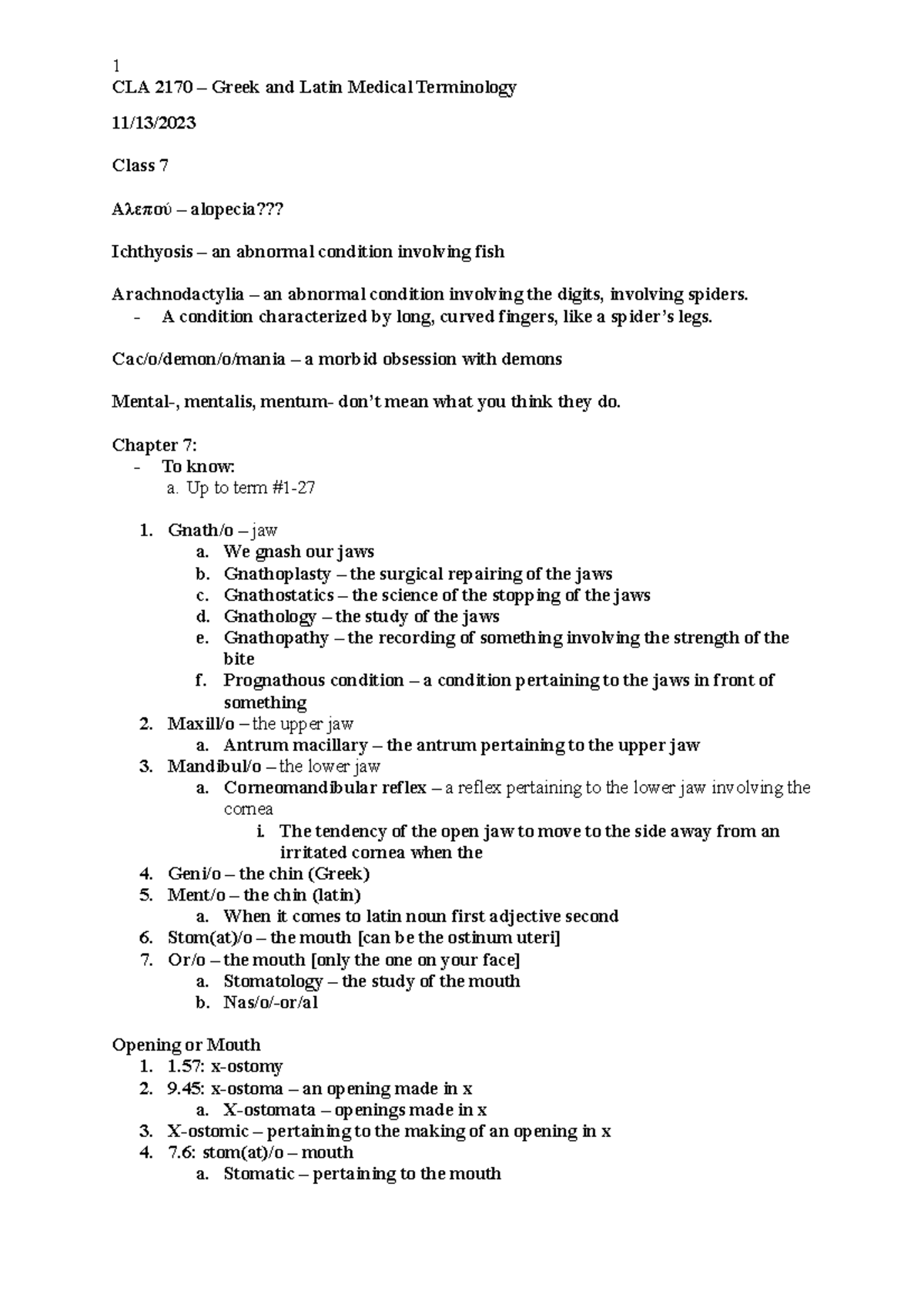 CLA 2170 - Class 7 notes - CLA 2170 – Greek and Latin Medical ...