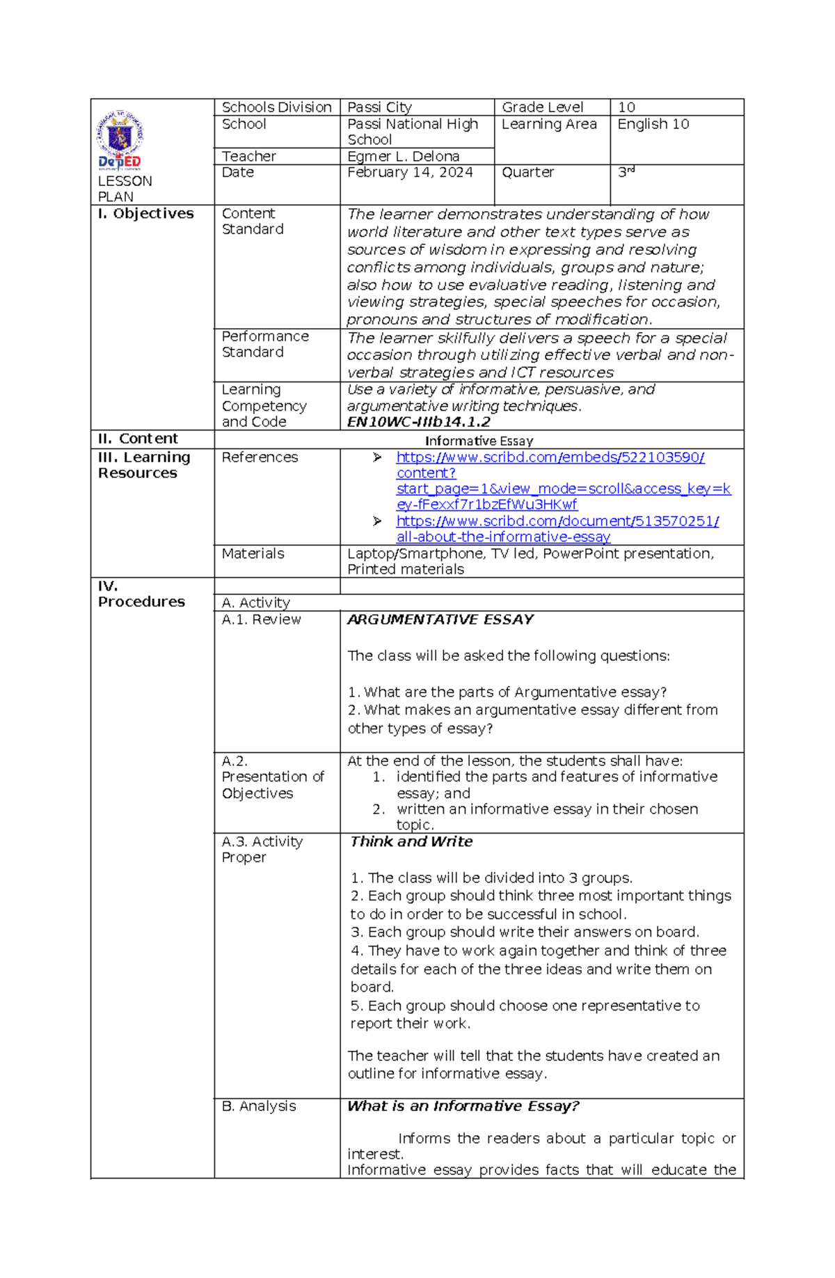 Lesson Plan For English Class 10 State Syllabus Class Poin