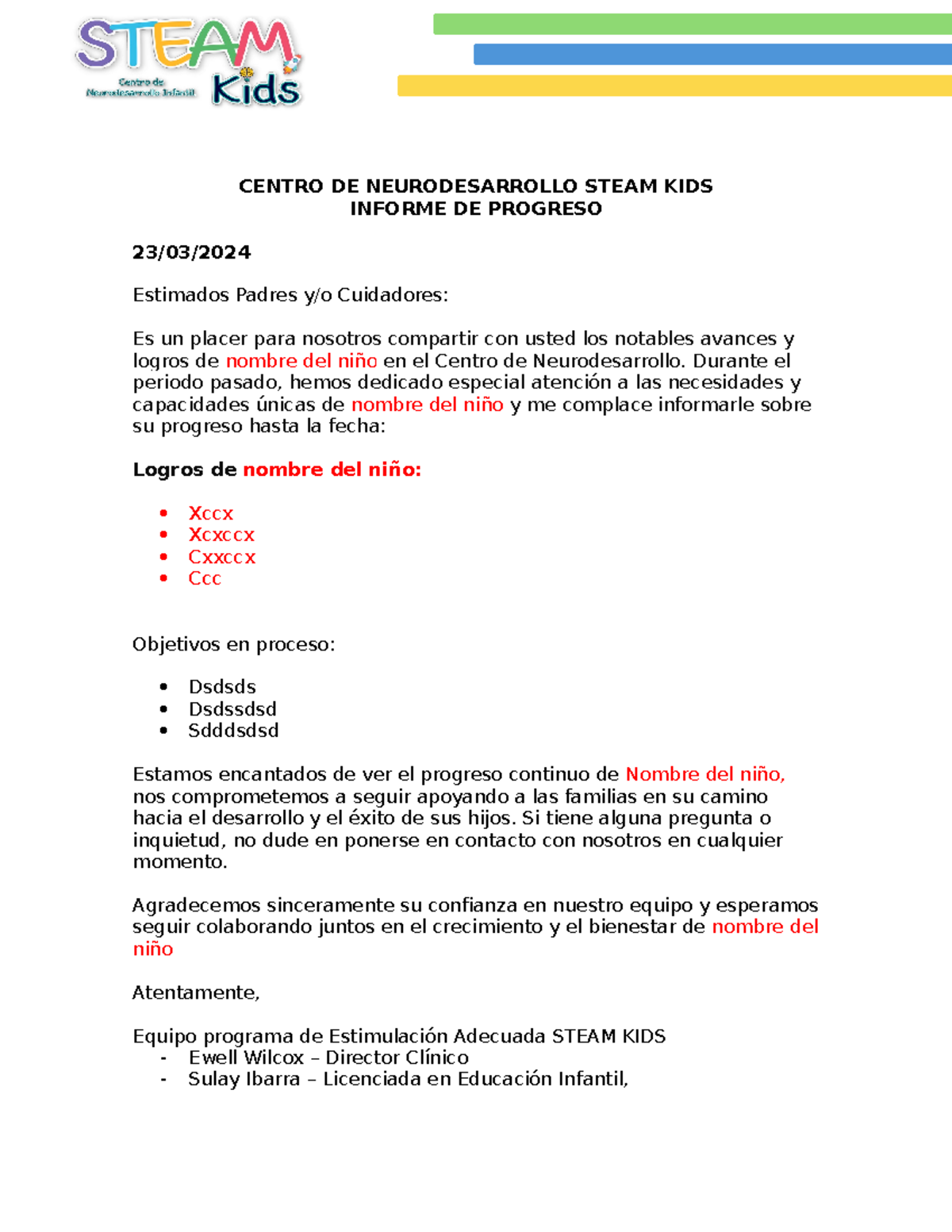 Modelo de informe - ffffgg - CENTRO DE NEURODESARROLLO STEAM KIDS ...