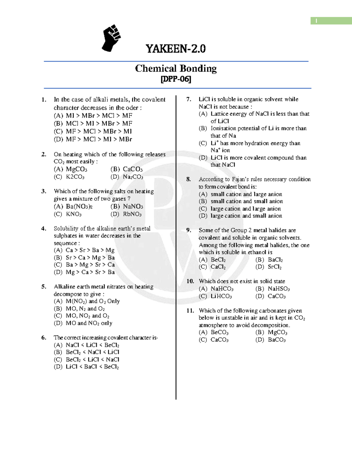 Chemical Bonding DPP 06 (Of Lec 08) - 1 YAKEEN-2. Chemical Bonding [DPP ...