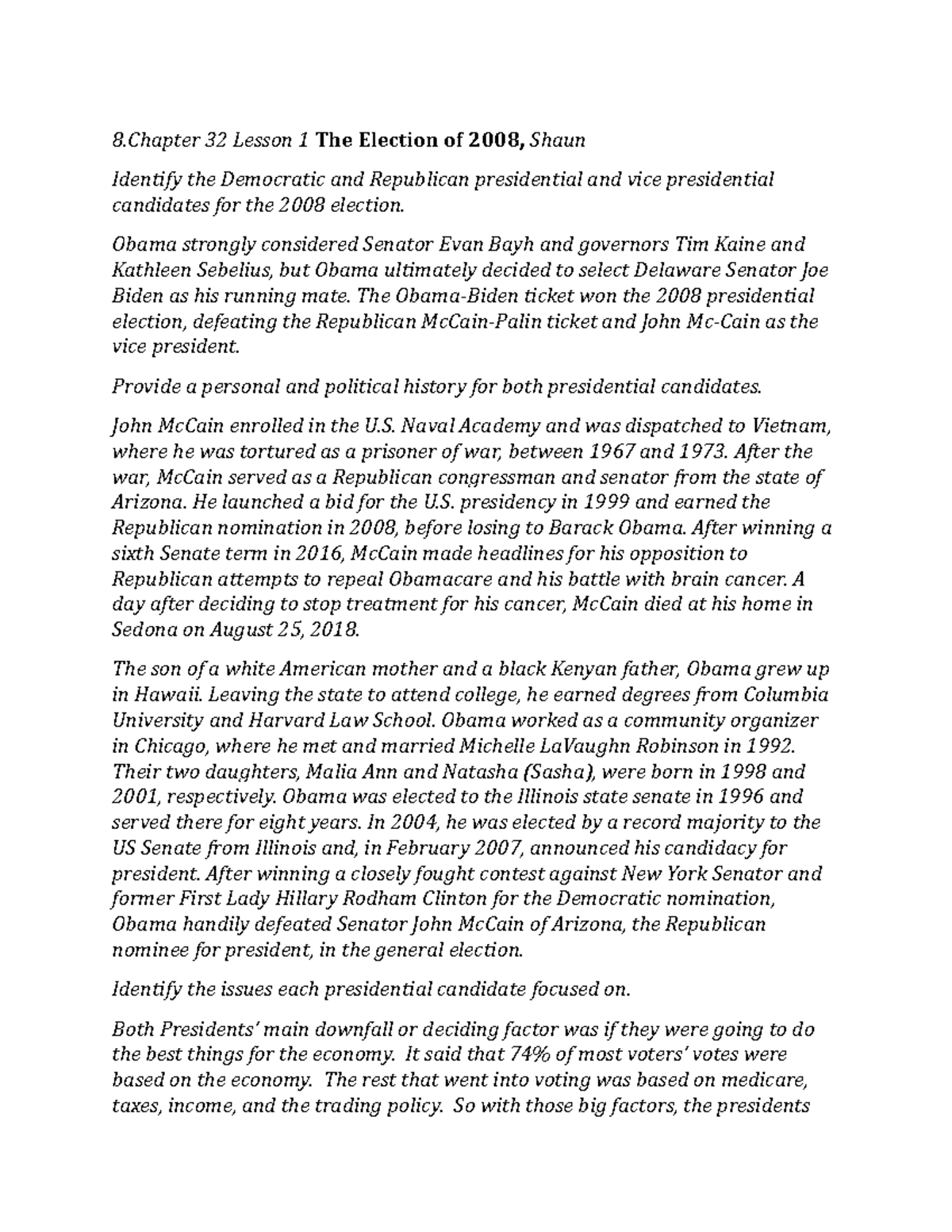 Topic Questions Shaun O and Bobby is the - 8 32 Lesson 1 The Election ...