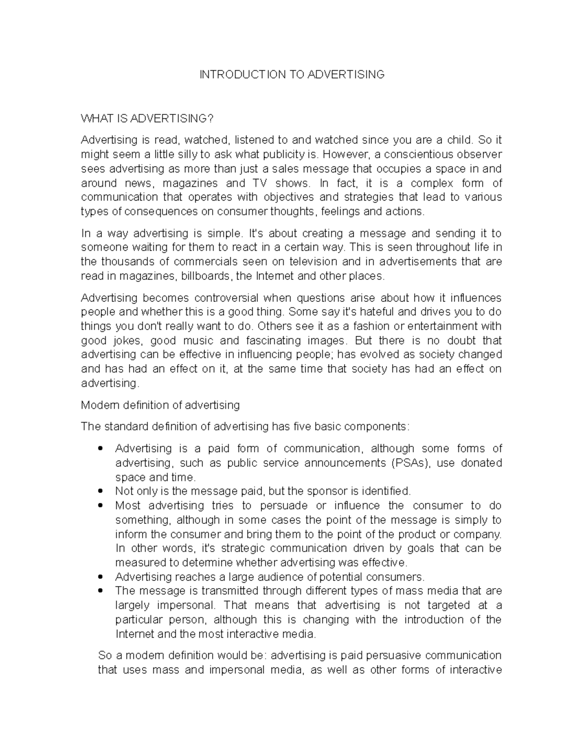 INTRODUCTION TO ADVERTISING - So it might seem a little silly to ask ...