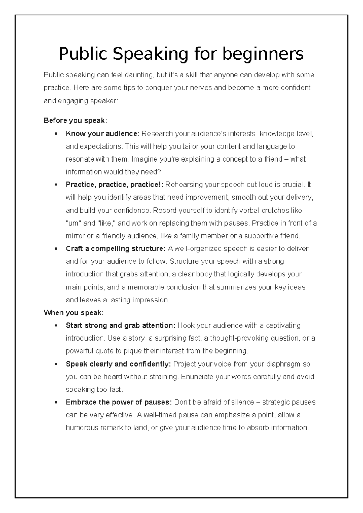 Public Speaking for beginners - Public Speaking for beginners Public ...