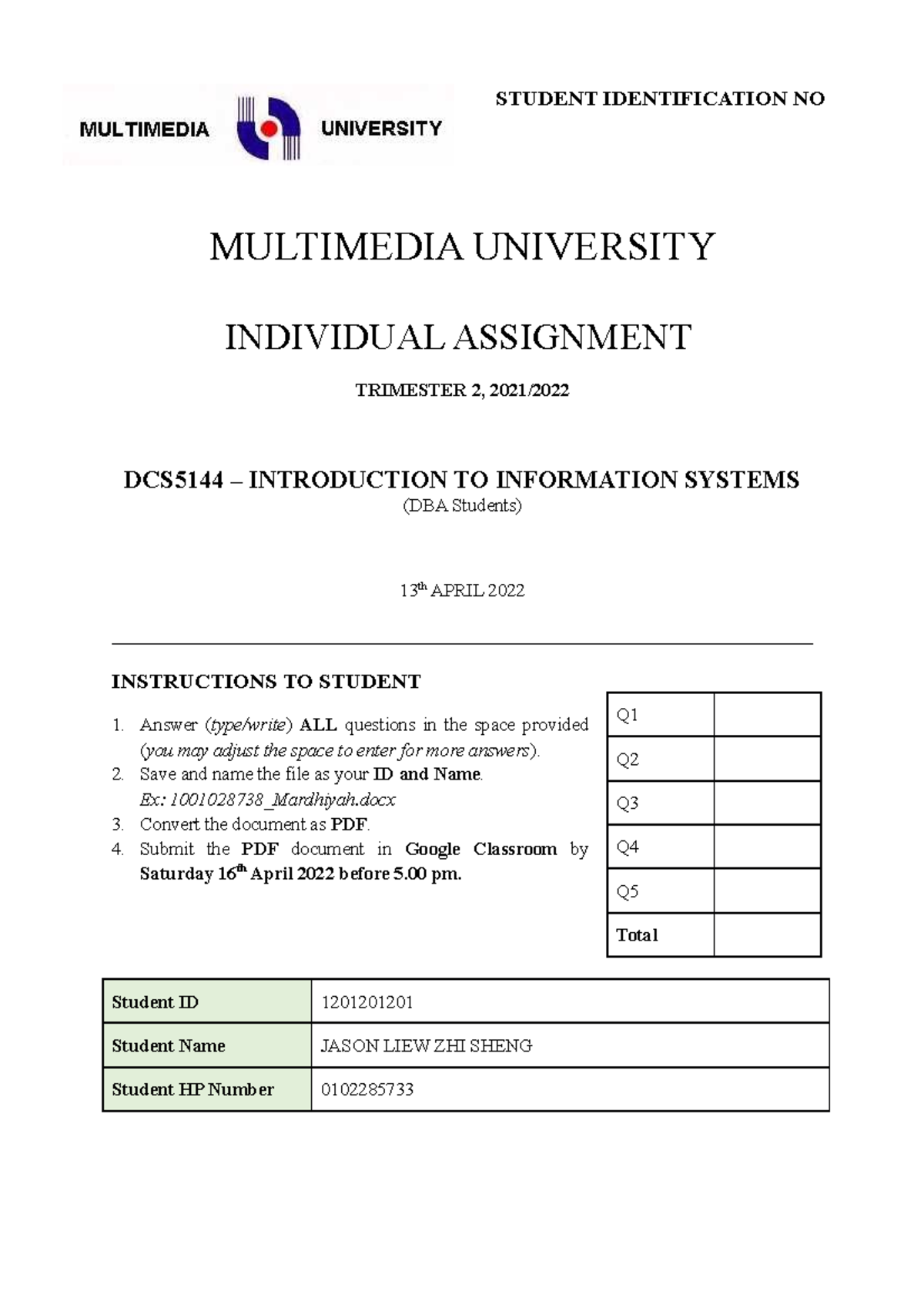Jason LIEW ZHI Sheng - Individual Assignment Question - MULTIMEDIA UNIVERSITY INDIVIDUAL ...