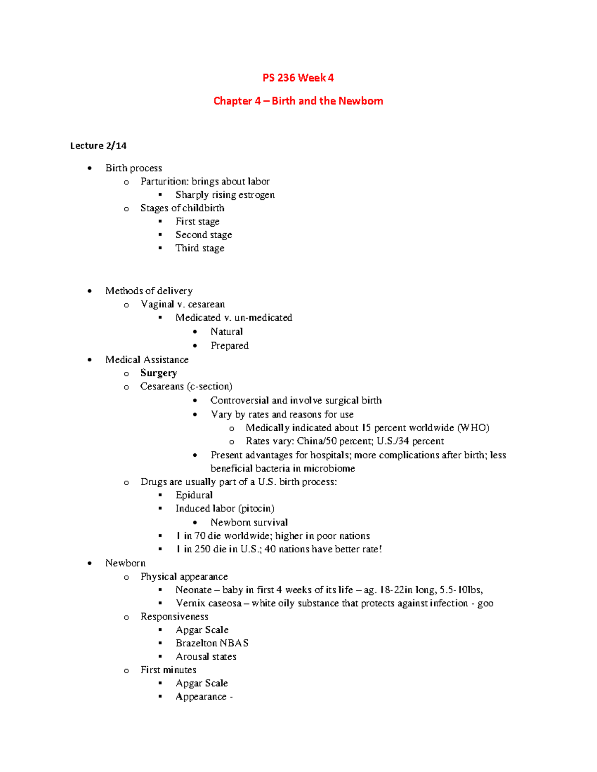PS 236 Week 4 - birth process - PS 236 Week 4 Chapter 4 – Birth and the ...