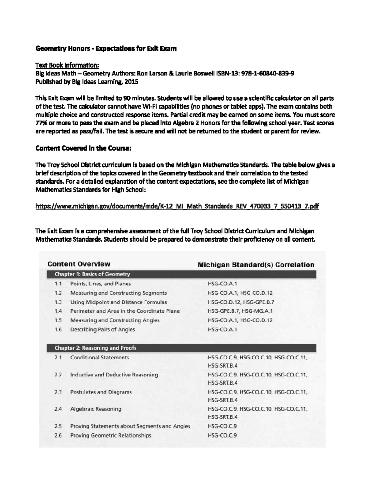 Honors Geometry - Geometry Honors Expectations for Exit Exam Text Book ...