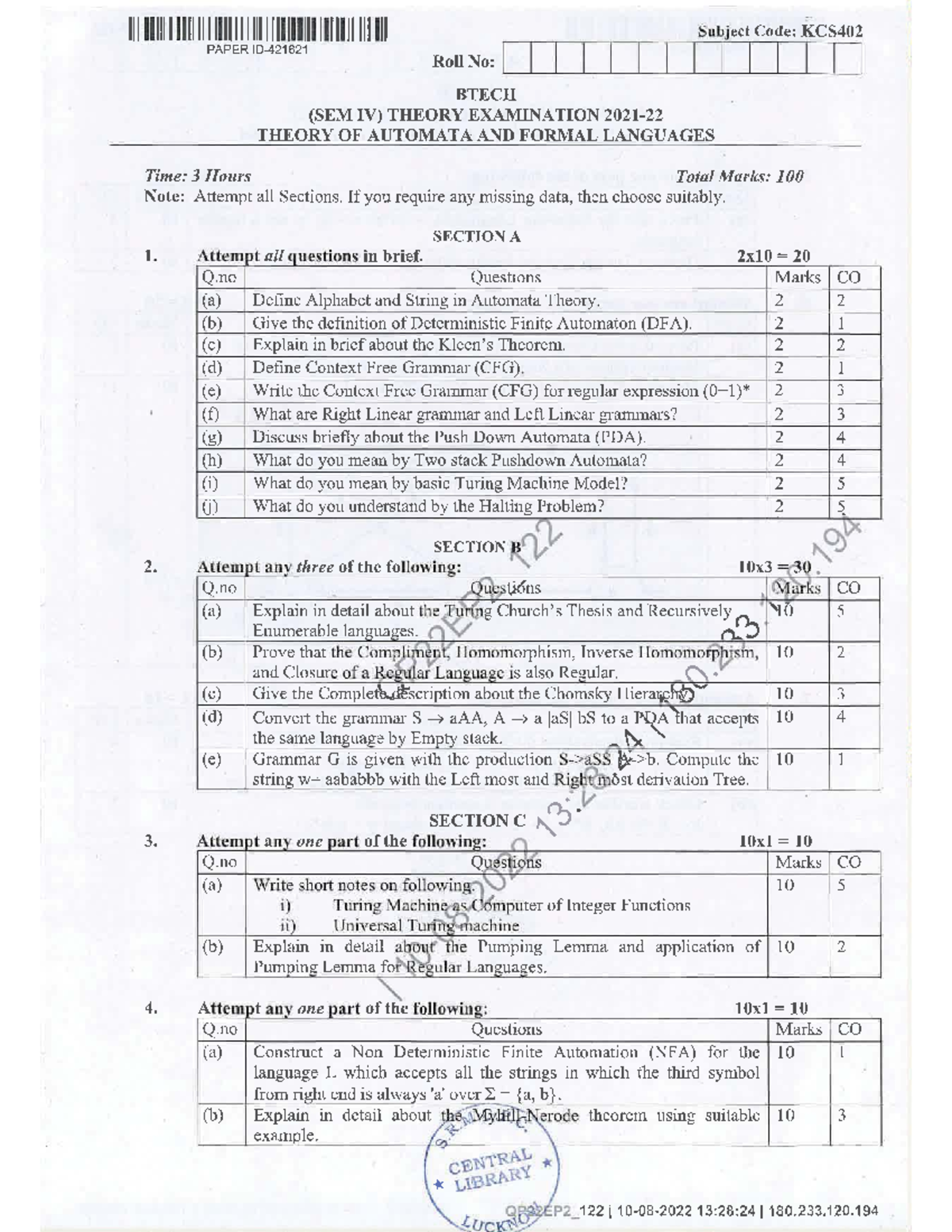 Theory of Automata and. Formal Languages (KCS-402) 2021-22 - Subject Code: KCS402 PAPER Roll No ...