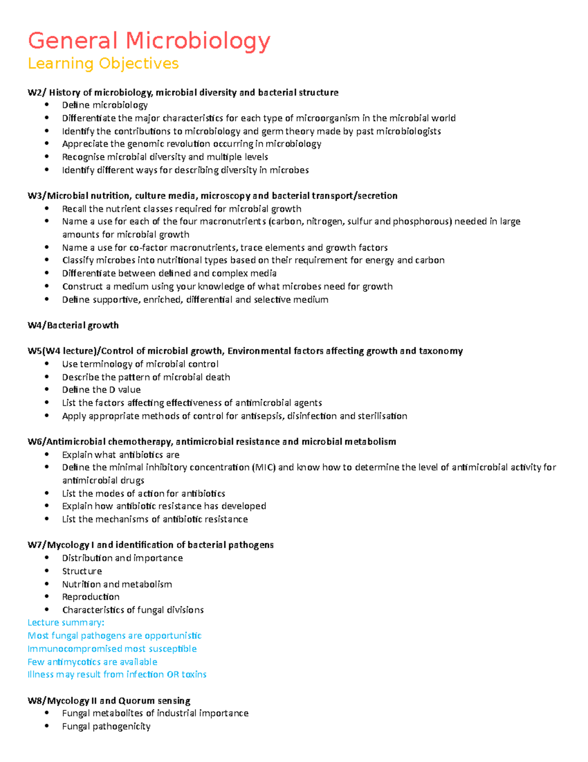 General Microbiology Learning Objectives - General Microbiology Learning Objectives W2/ History ...