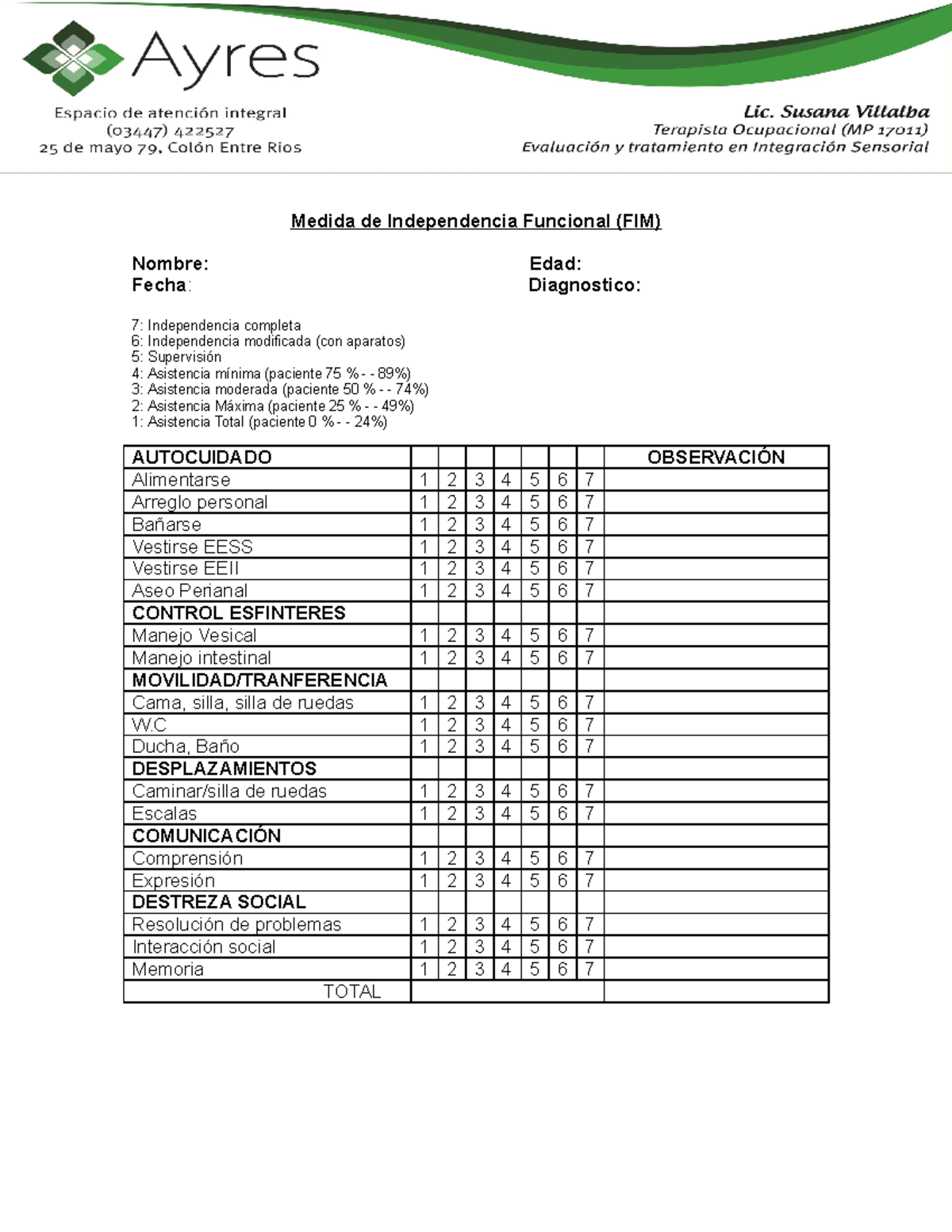 Evaluacion FIM - Hoja de registro - Medida de Independencia Funcional ...