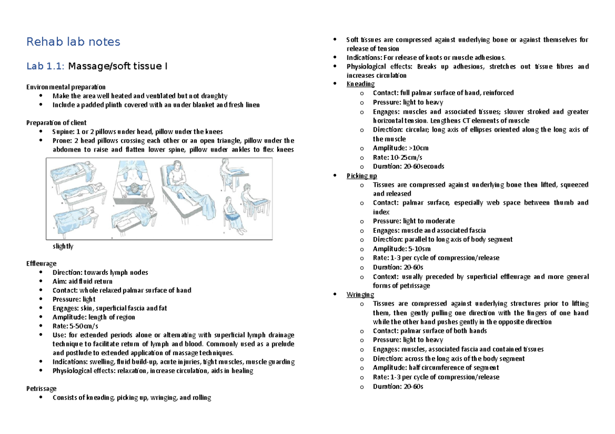 Rehab lab notes - Rehab lab notes Lab 1: Massage/soft tissue I ...