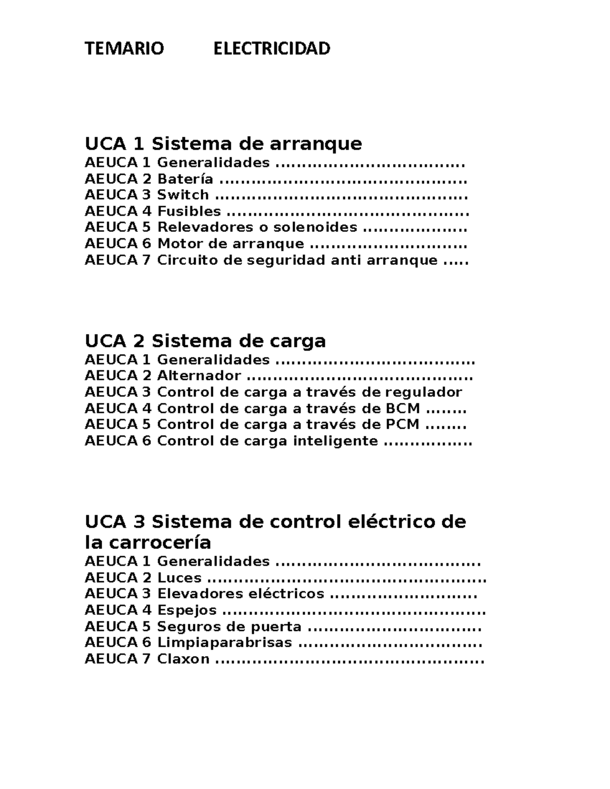 Temario Electricidad - TEMARIO ELECTRICIDAD UCA 1 Sistema de arranque AEUCA 1 Generalidades ...