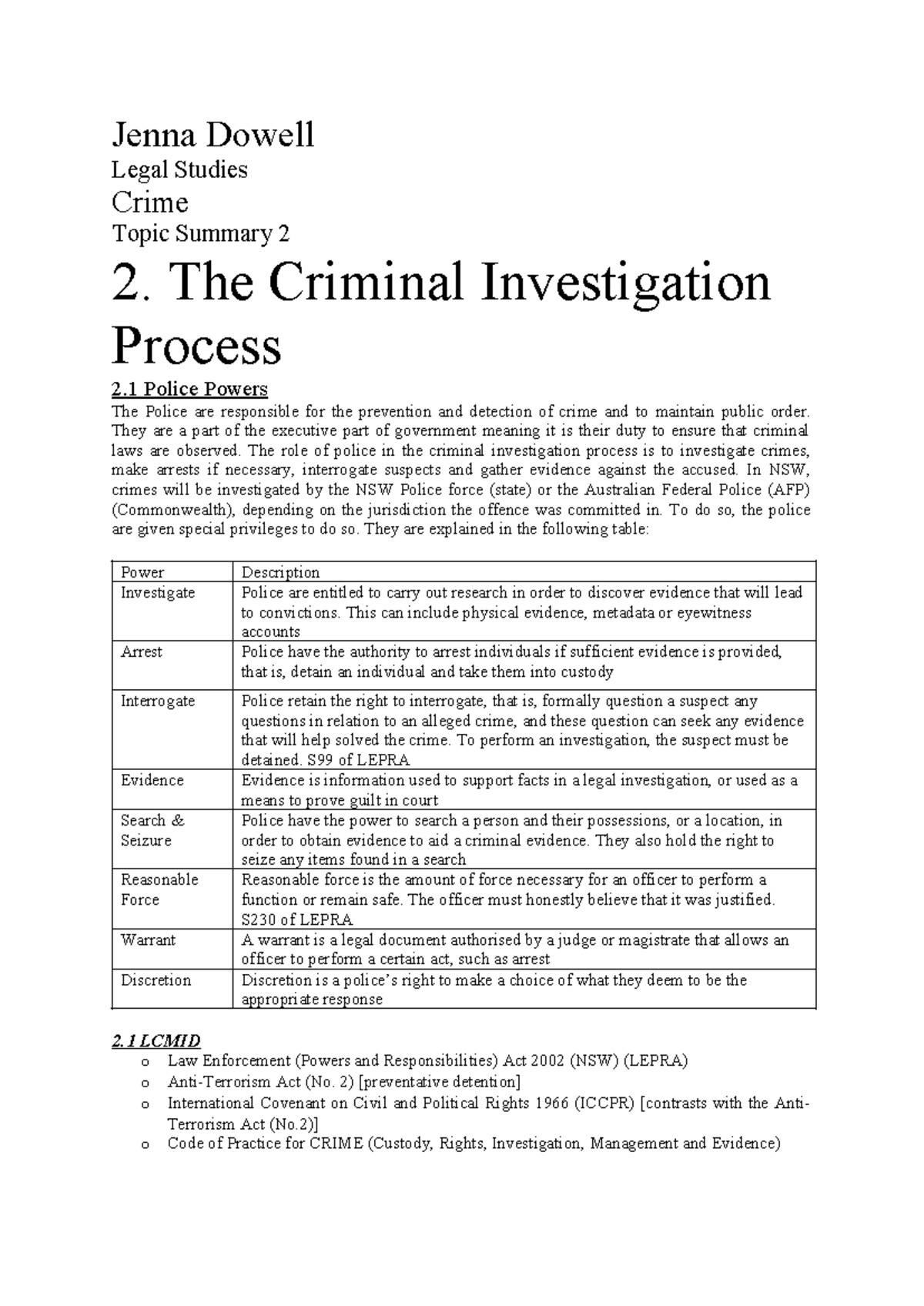 2020 LS Criminal Investigation Process Notes Jenna Dowell - Jenna ...
