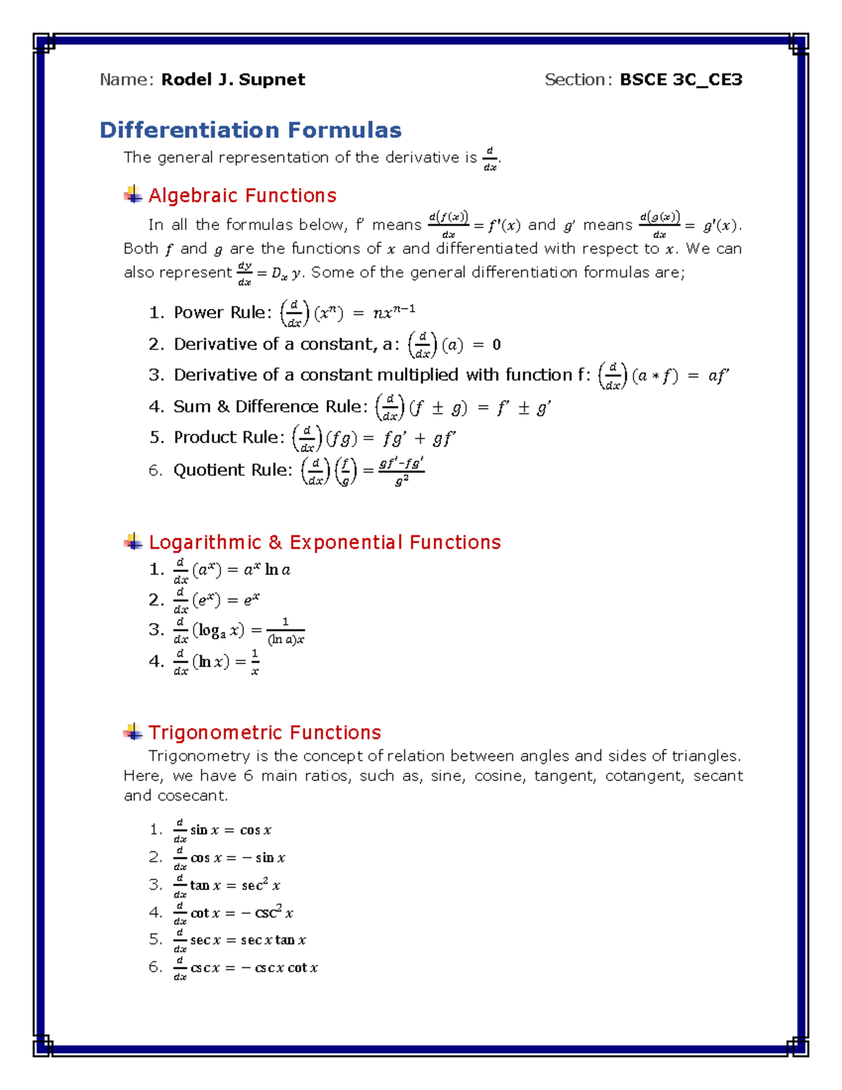 Differentiation and Integration Formulas - Differentiation Formulas The ...