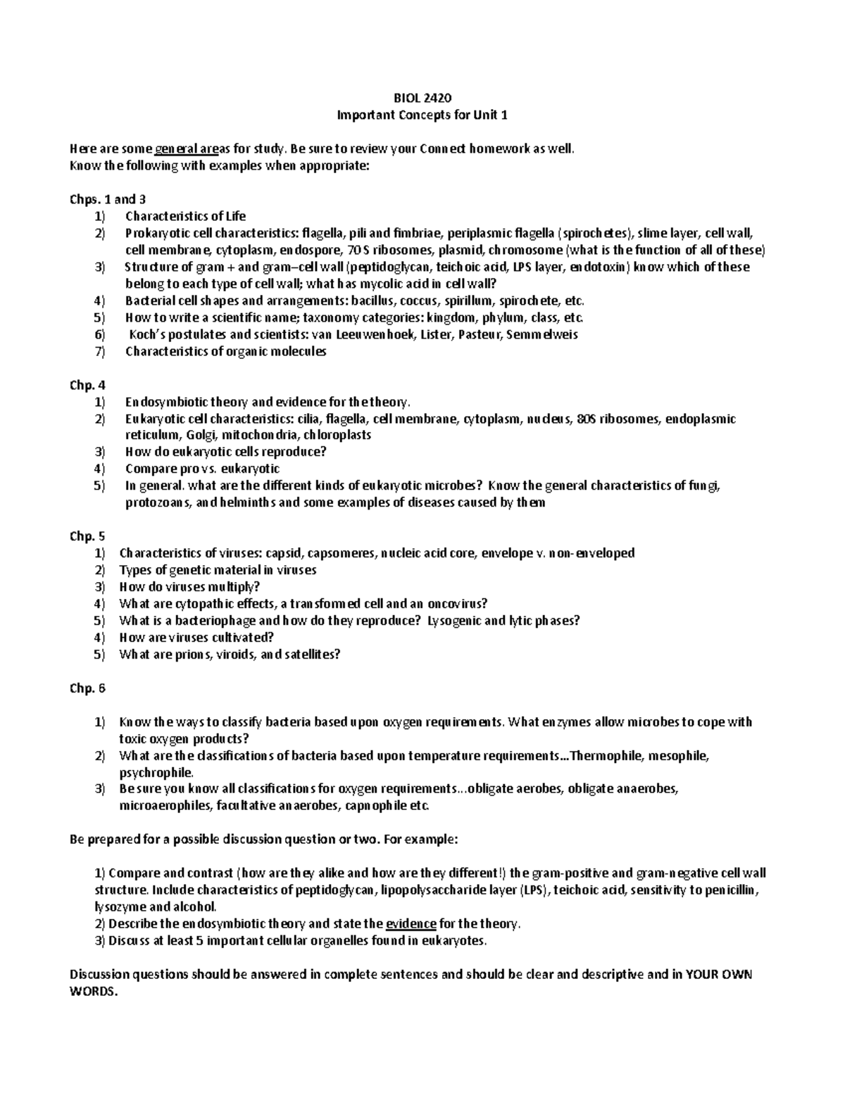 Biol 2420 Study Guide For Unit 1 Biol 2420 Important Concepts For