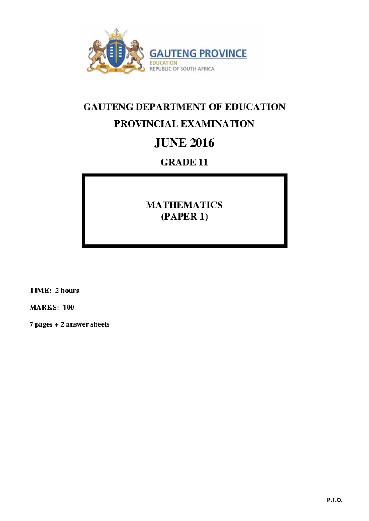 2016 Grade 11 MID YEAR EXAM JUNE MATH Paper 1 - GAUTENG DEPARTMENT OF ...