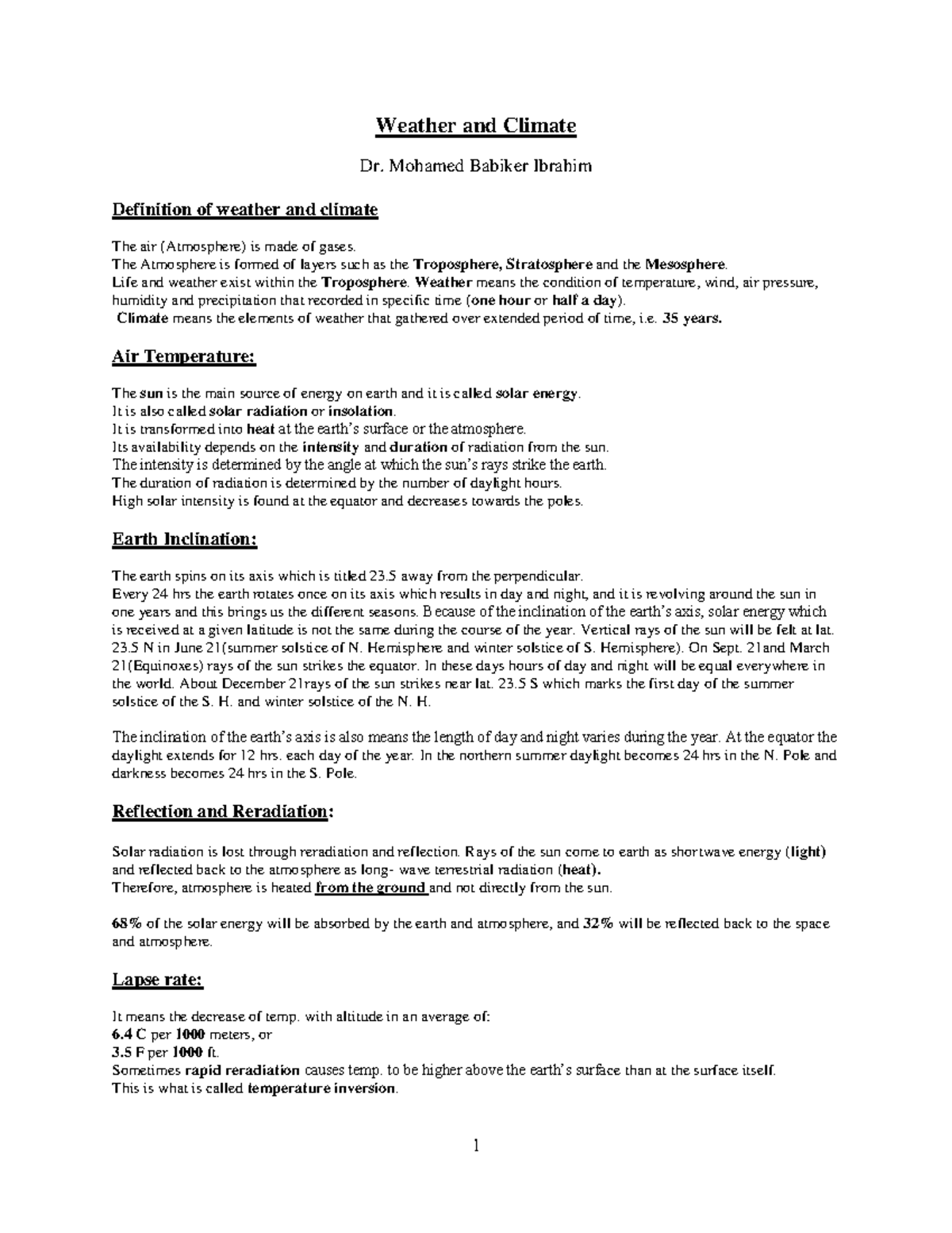 GEOG101-Weather and Climate Notes - 1 Weather and Climate Dr. Mohamed ...