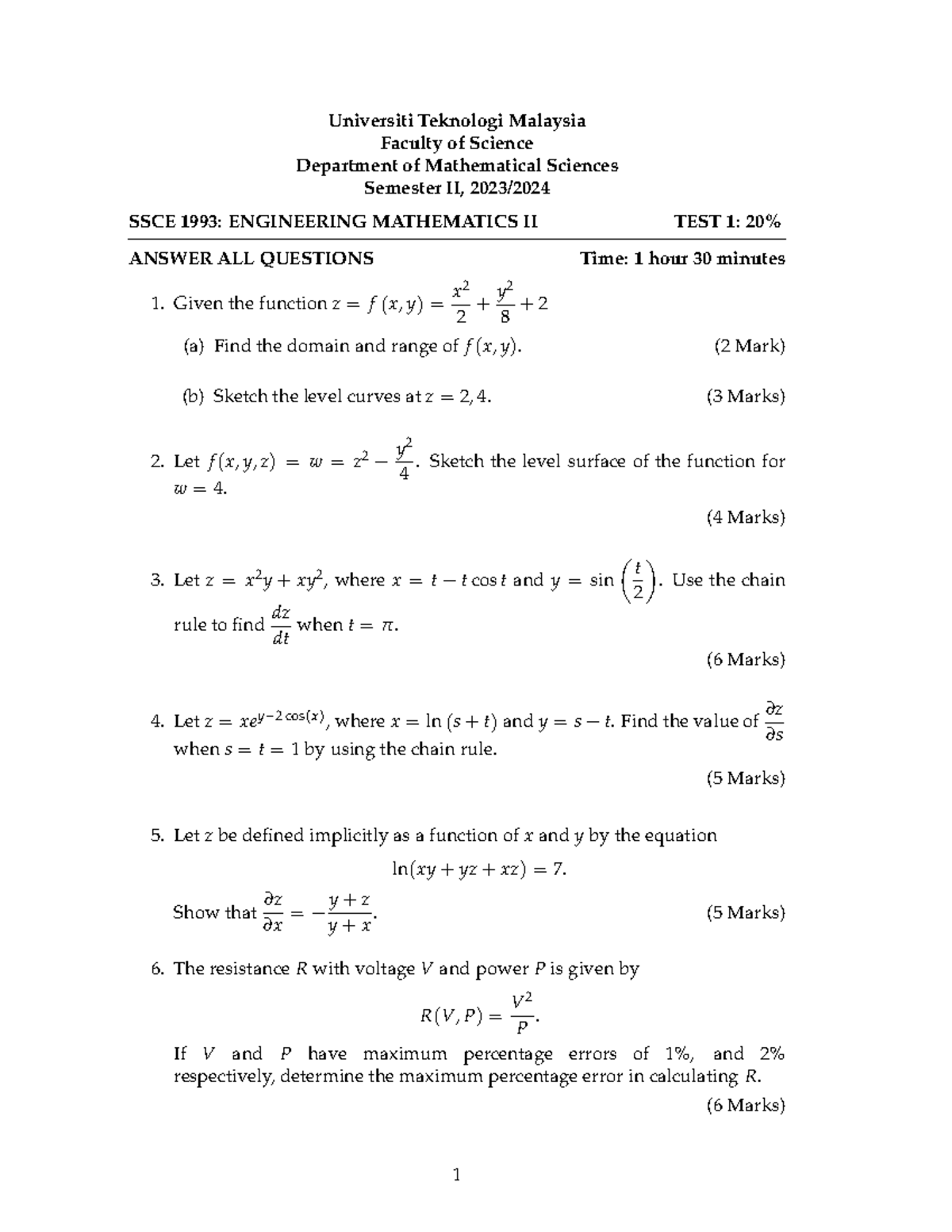 Test 1 (Example) - Universiti Teknologi Malaysia Faculty of Science ...