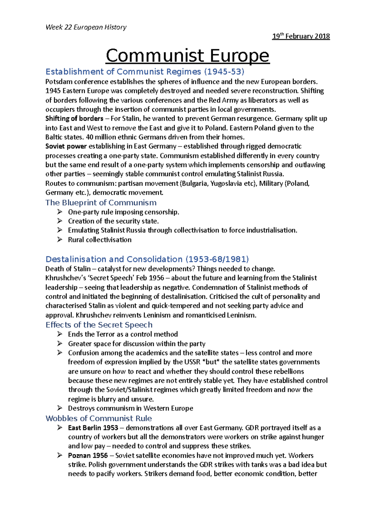 Communist Europe - Week 22 European History 19th February 2018 ...