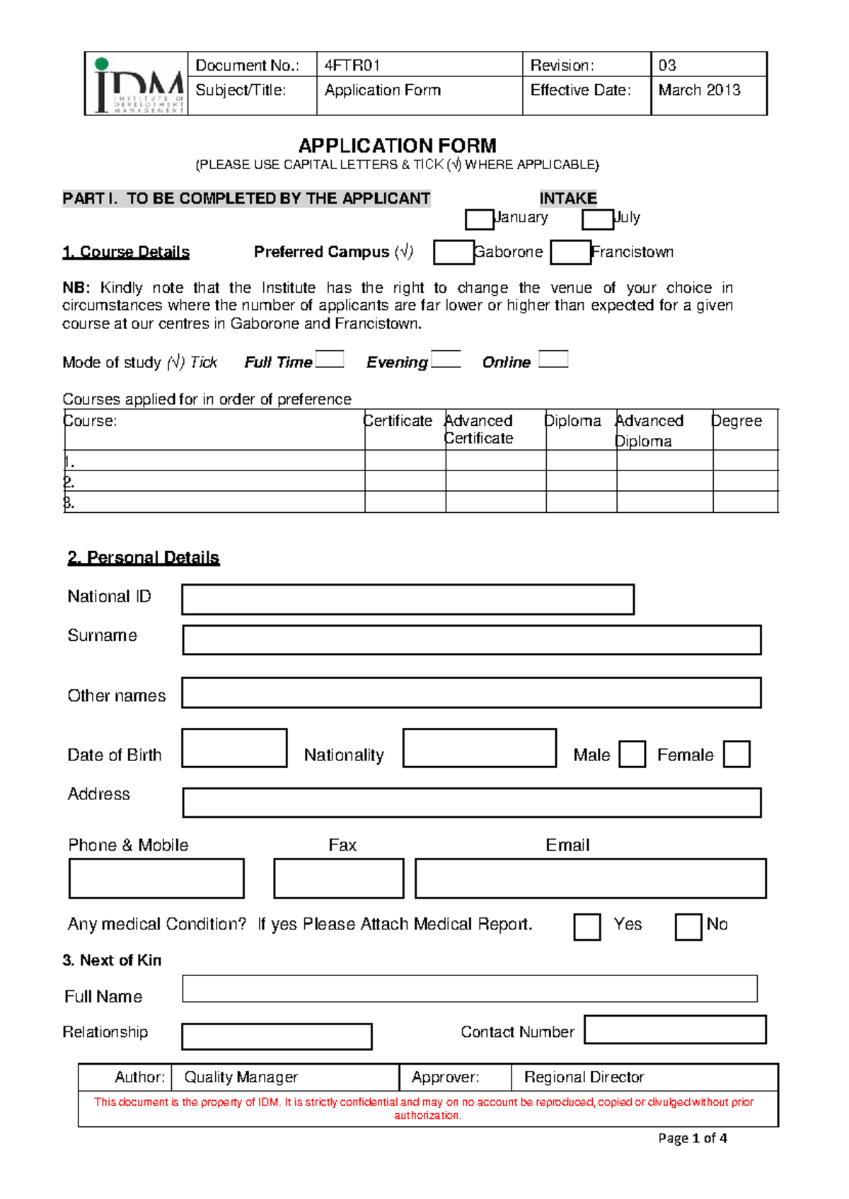 Application form - Full - Subject/Title: Application Form Effective ...