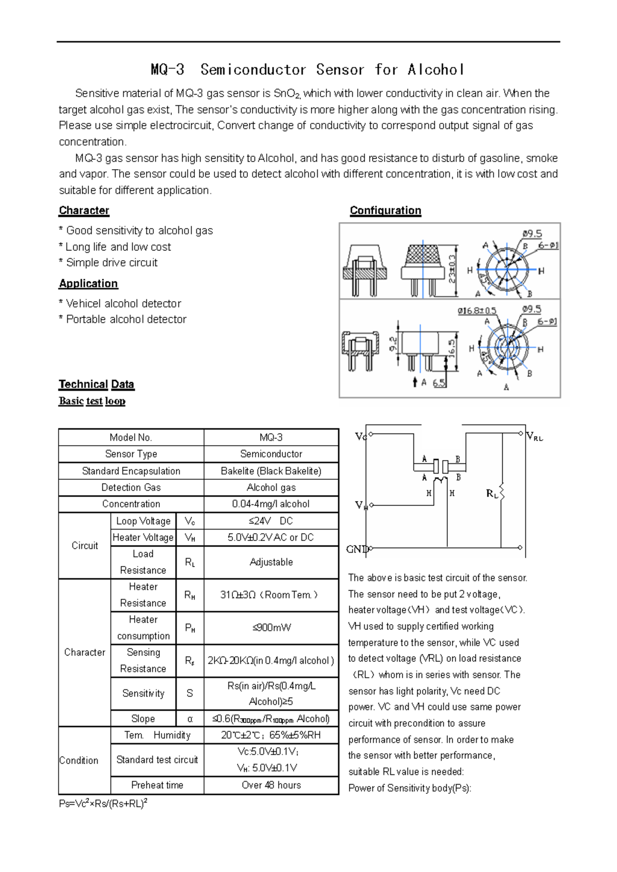 Datasheet de sensor MQ3 - MQ-3 Semiconductor Sensor for Alcohol ...