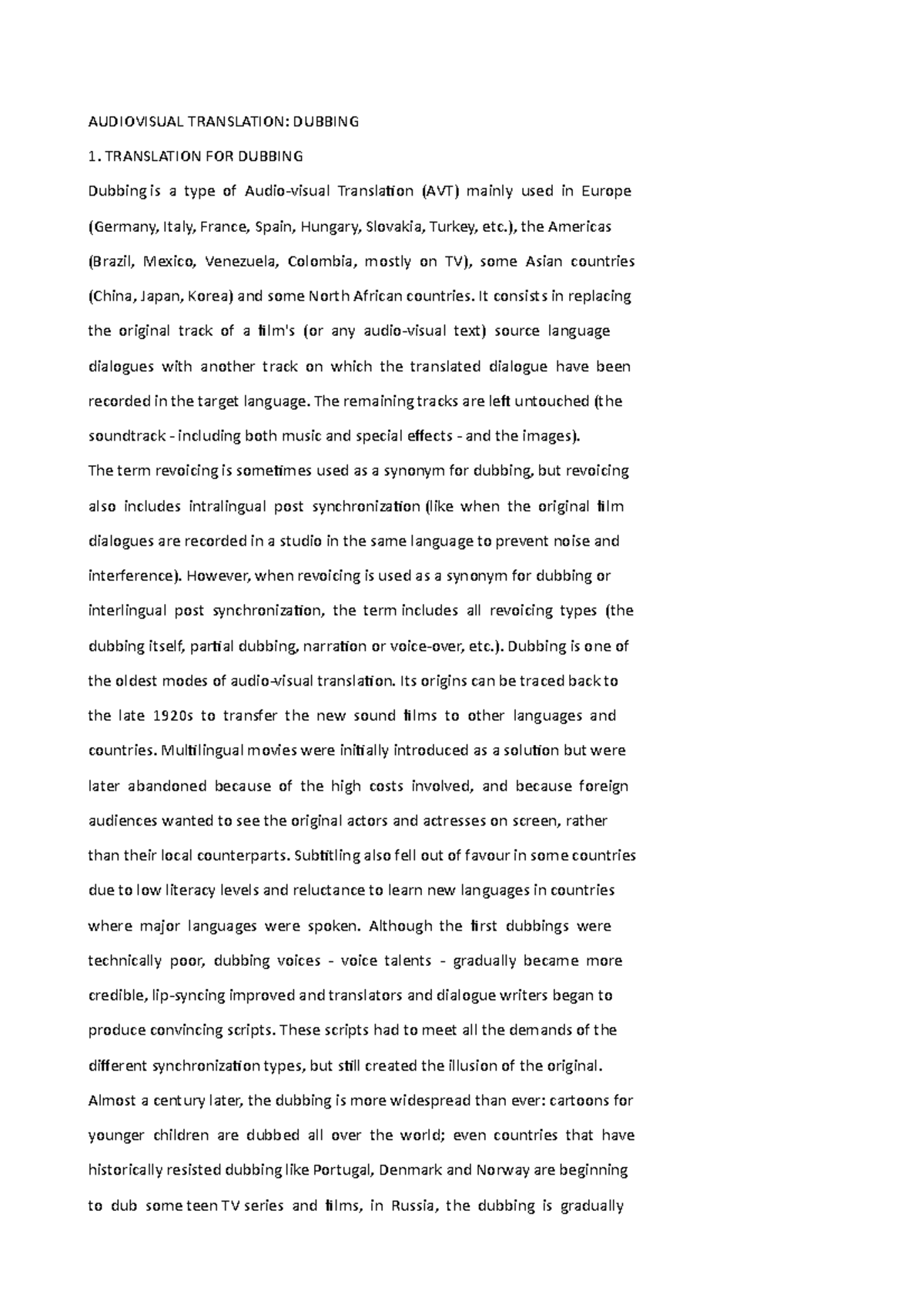 Audiovisual Translation - AUDIOVISUAL TRANSLATION: DUBBING 1 ...