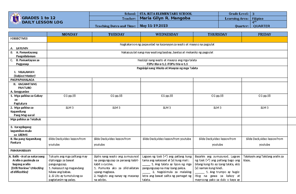 FIL-3 Q4 W3-DLL - lesson plan - GRADES 1 to 12 DAILY LESSON LOG School ...