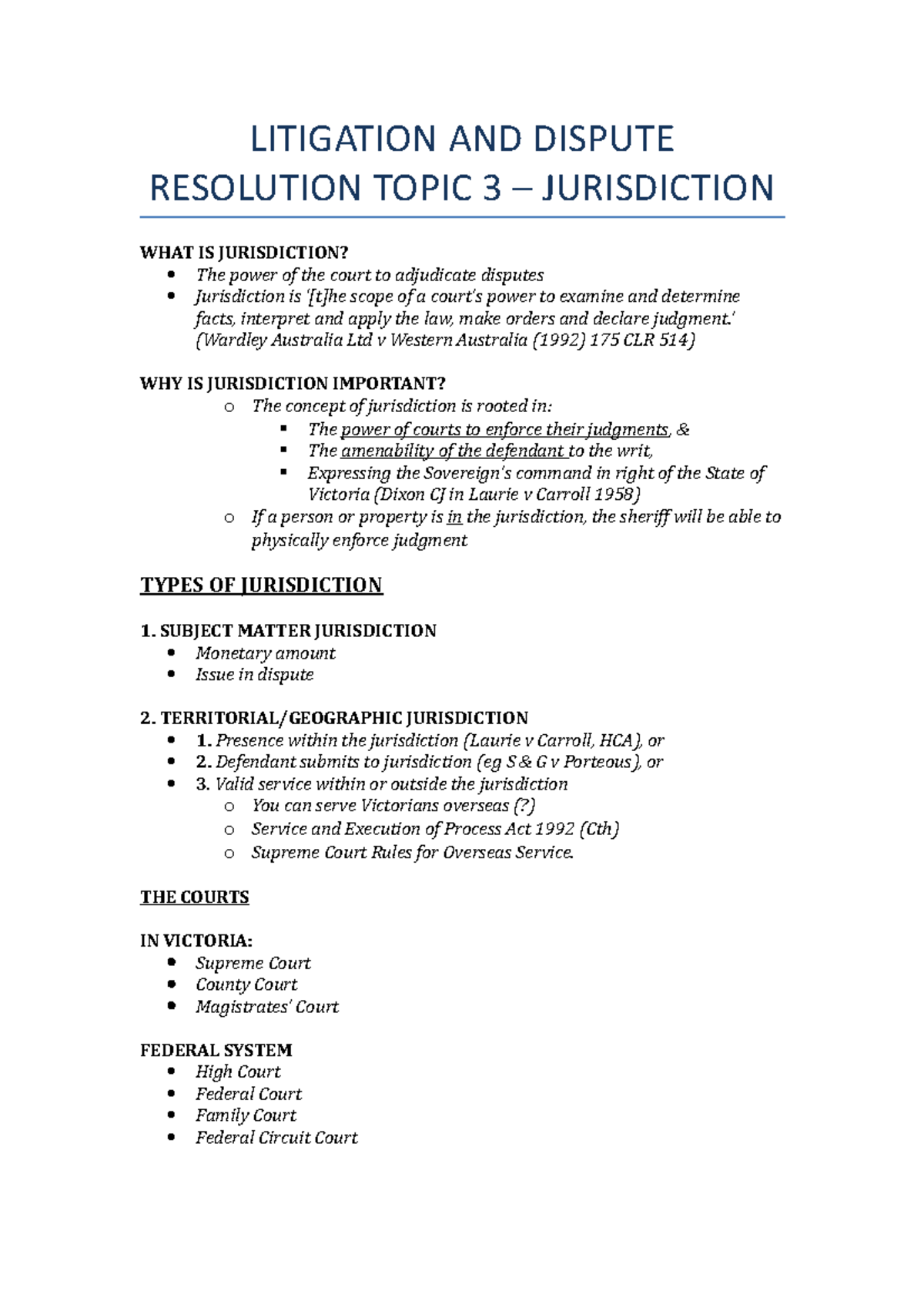 Litigation AND Dispute Resolution Topic 3 Jurisdiction - LITIGATION AND ...