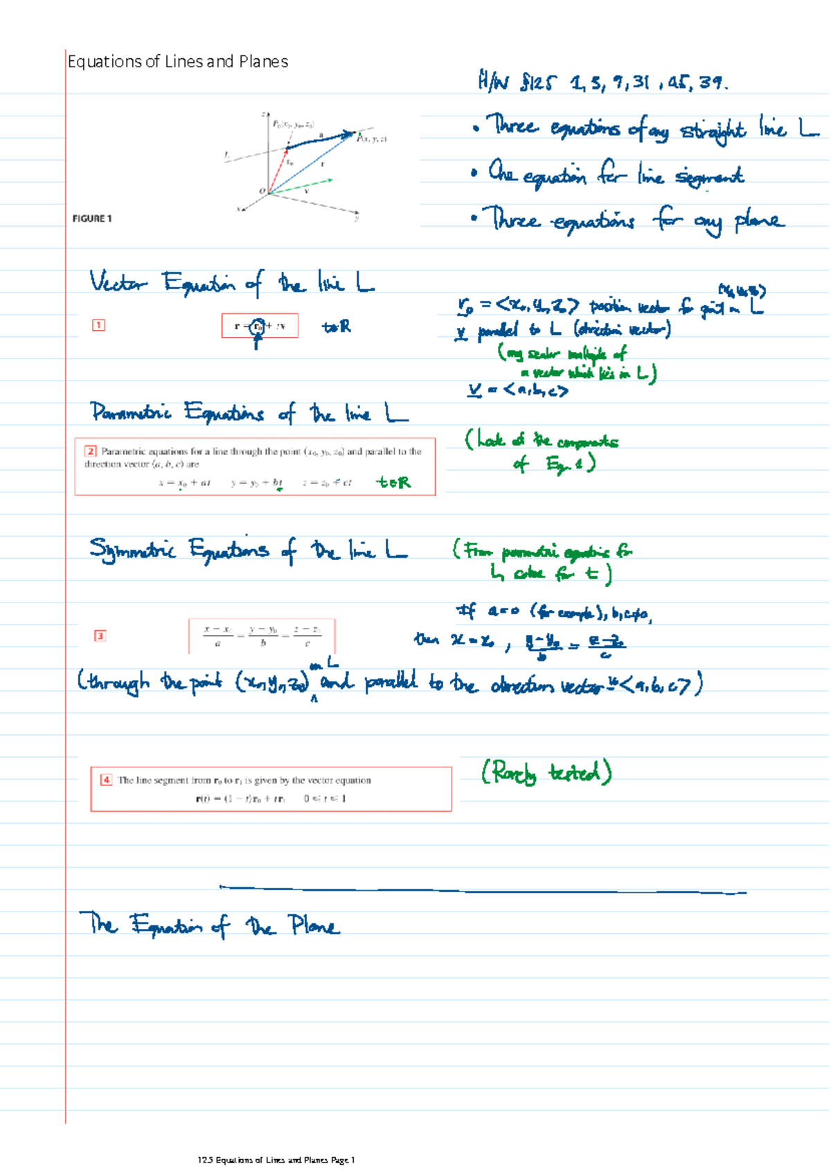 Section 12.5 Equations of Lines and Planes (2024-09-12+13) - MATH140 ...
