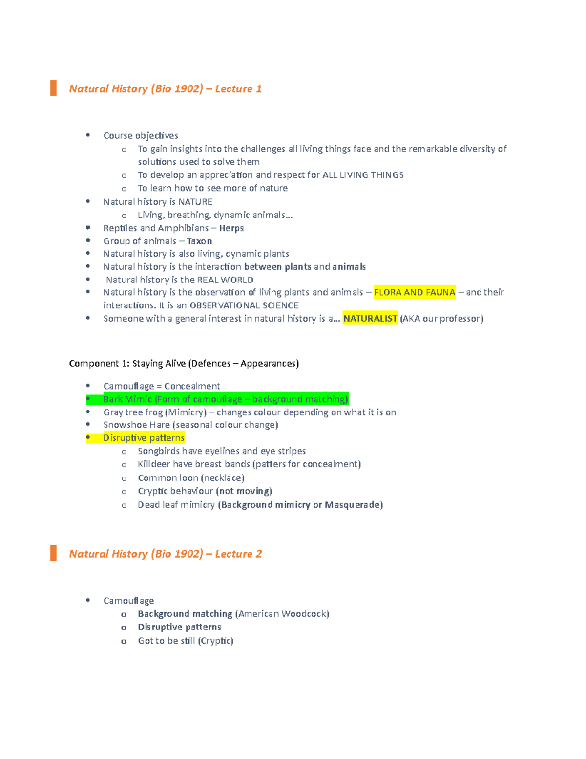 Natural History Notes - Natural History (Bio 1902) – Lecture 1 Course ...