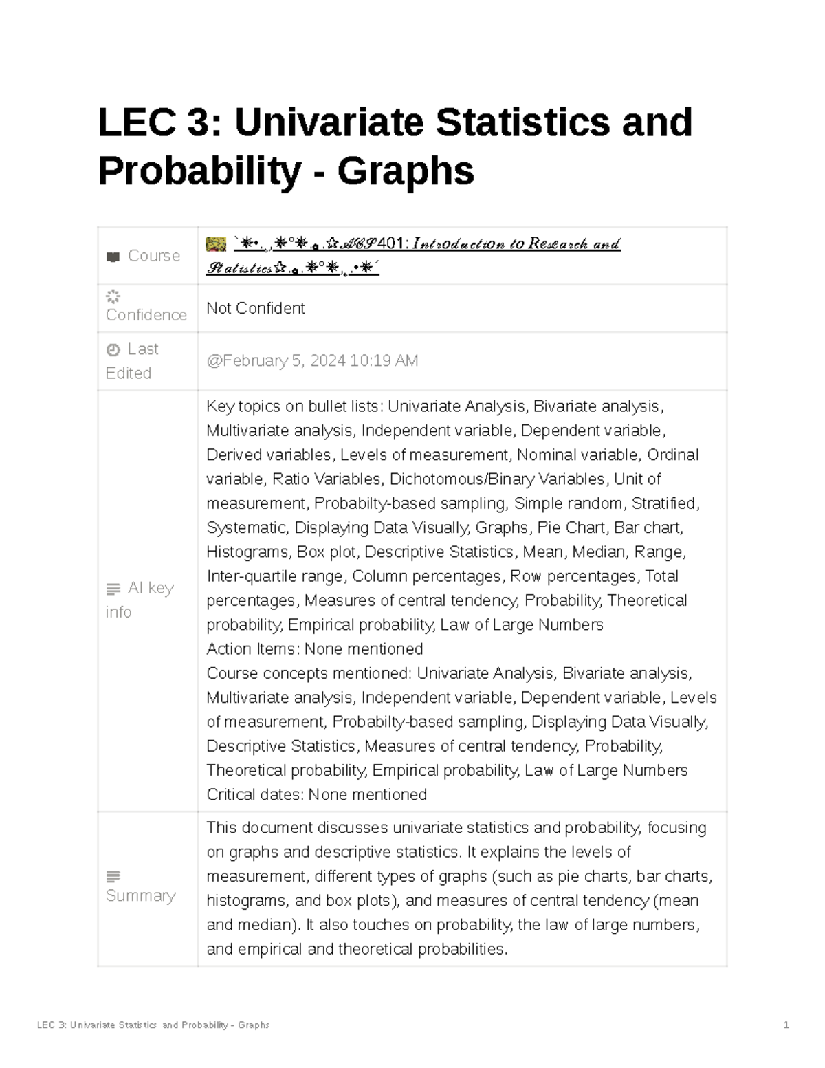 LEC 3 Univariate Statistics and Probability - ̧, ° .｡. 𝒜𝒞𝒮 𝟦𝟢𝟣: 𝐼𝓃𝓉𝓇𝑜𝒹𝓊𝒸𝓉𝒾𝑜𝓃 𝓉𝑜 𝑅𝑒𝓈𝑒𝒶𝓇𝒸𝒽 𝒶𝓃𝒹 ...