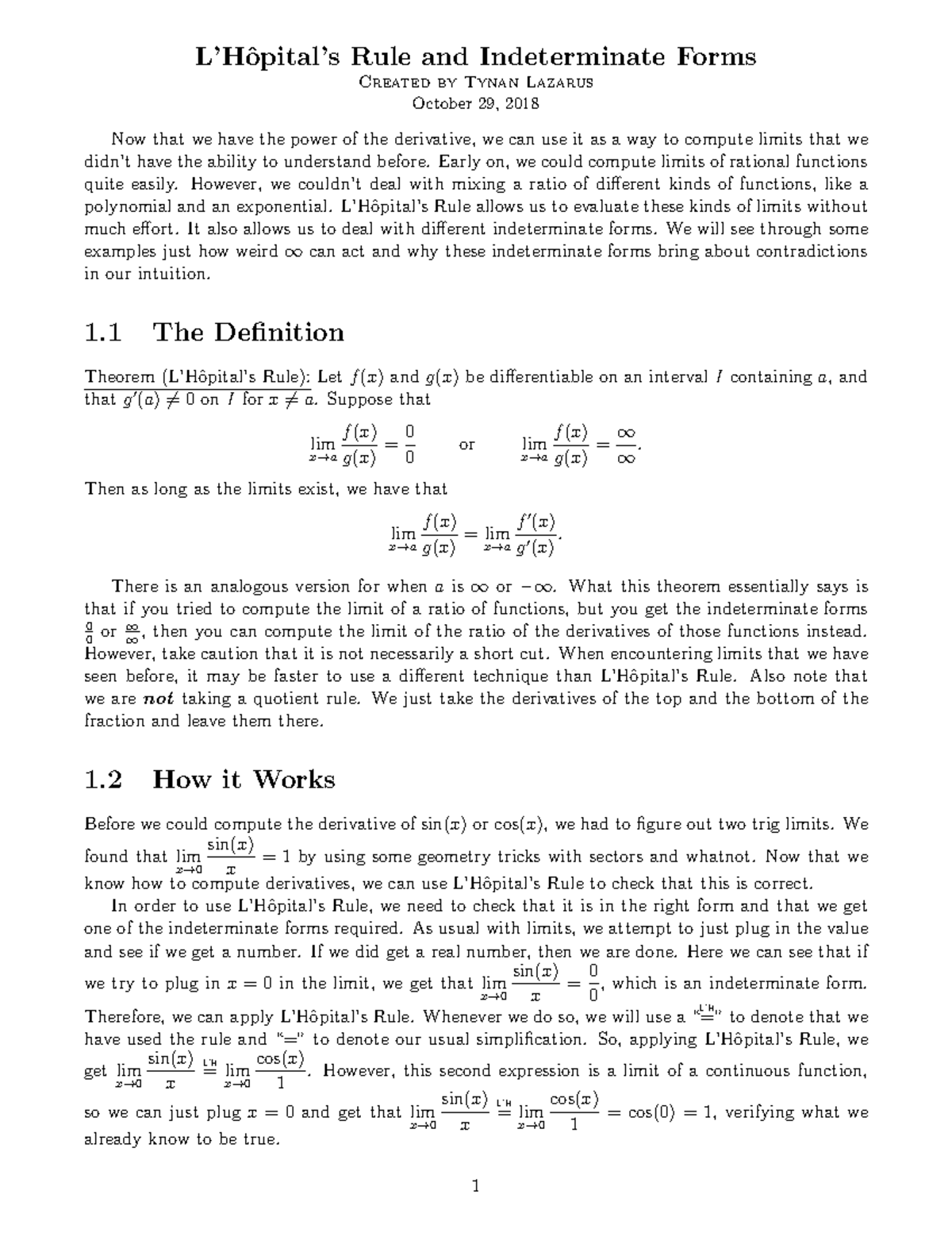 L'Hopital - Indeterminate form. - L’Hˆopital’s Rule and Indeterminate ...
