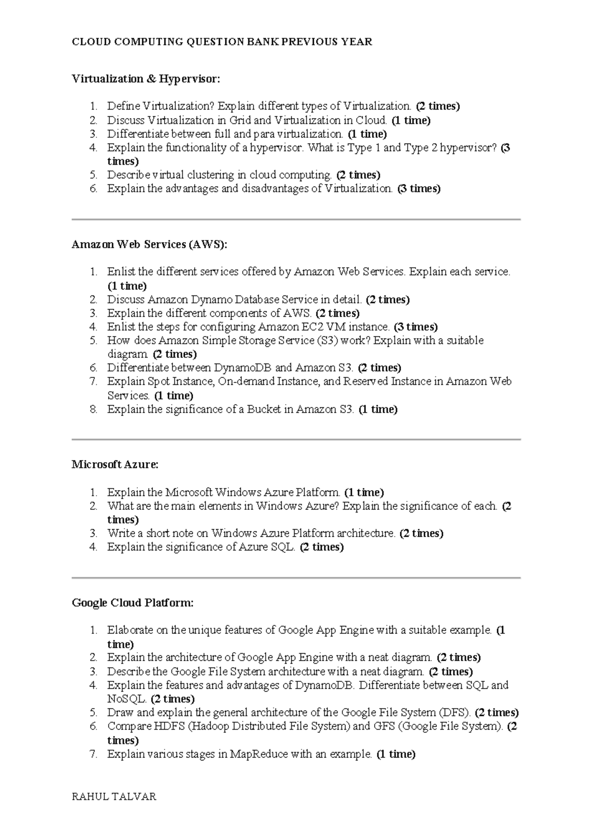 CC Question BANK Previous YEAR - CLOUD COMPUTING QUESTION BANK PREVIOUS YEAR RAHUL TALVAR - Studocu