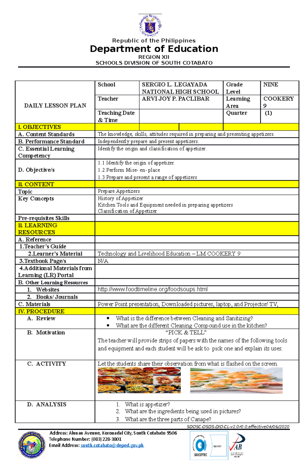 COT 1 Lesson PLAN (appetizer) - Republic of the Philippines Department ...