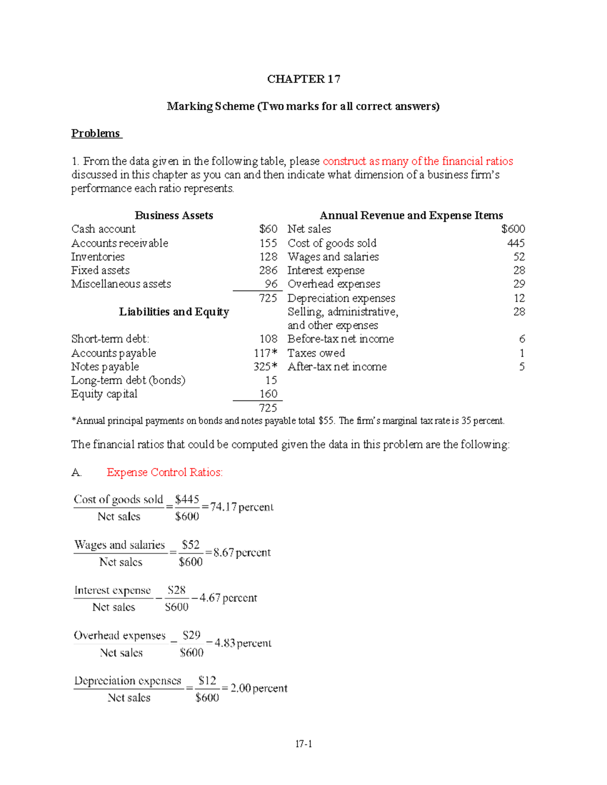 Chapter 17 - Class Exercise (Ans) - CHAPTER 17 Marking Scheme (Two marks for all correct answers ...