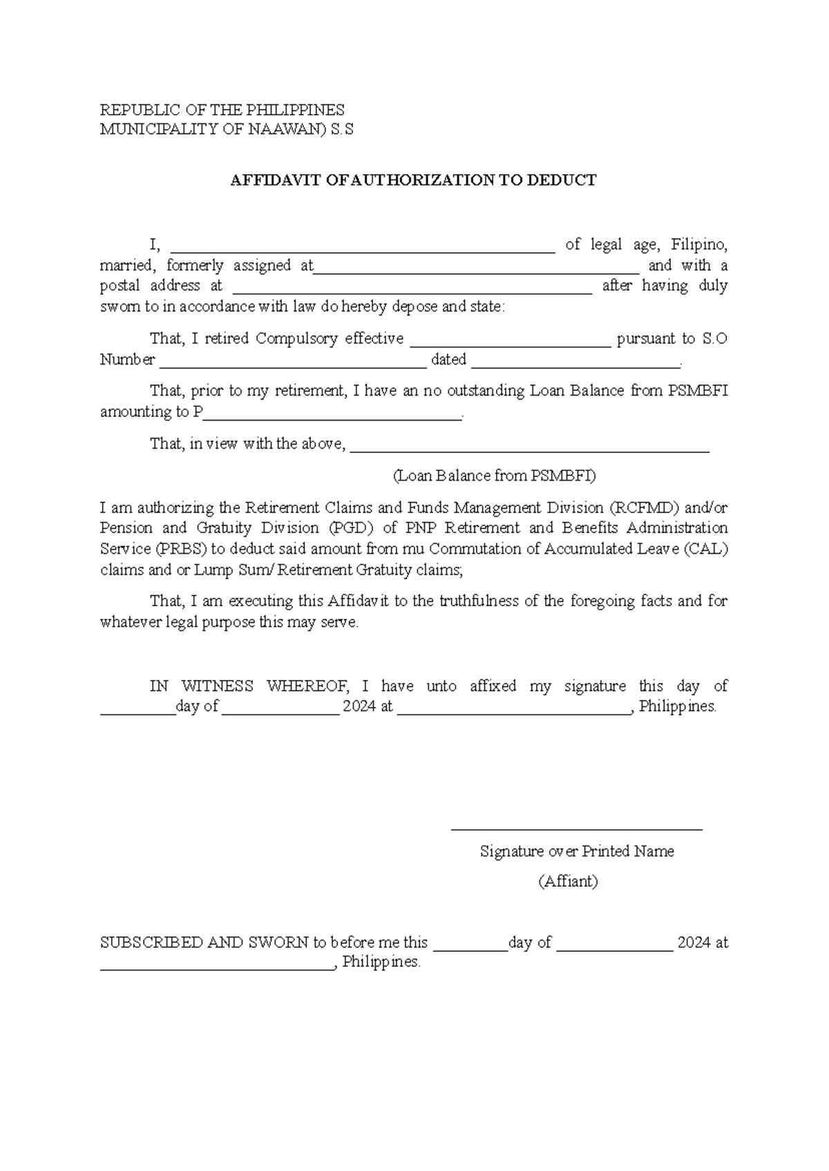 Affidavit - REPUBLIC OF THE PHILIPPINES MUNICIPALITY OF NAAWAN) S ...