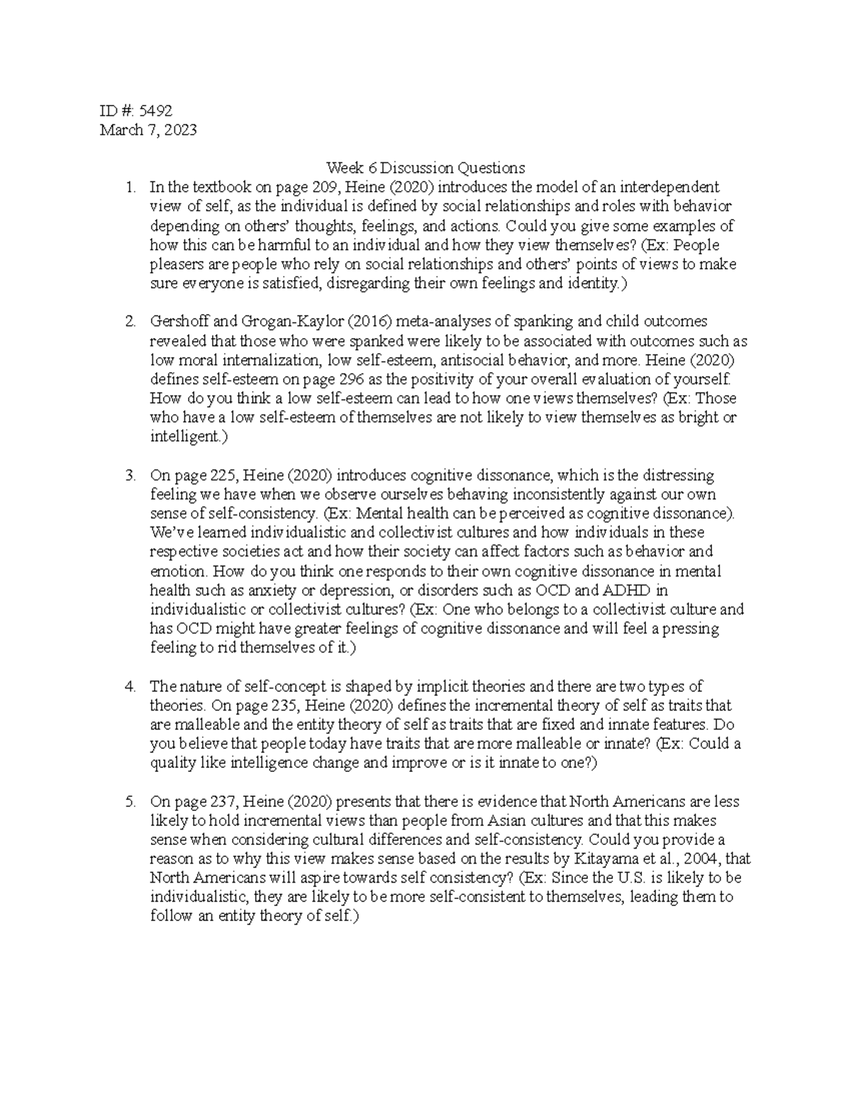 Week 6 Discussion Questions - ID #: 5492 March 7, 2023 Week 6 ...