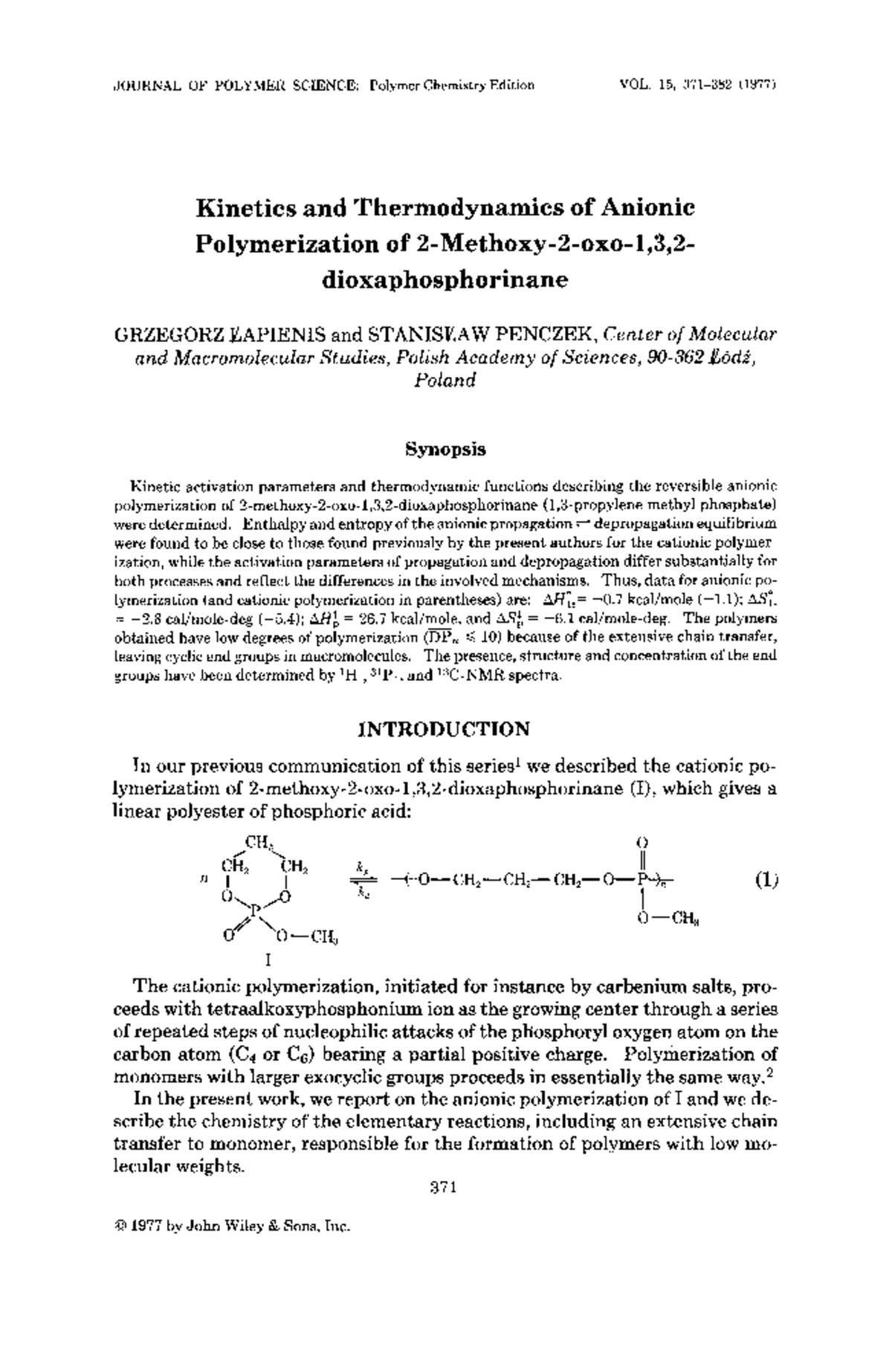 Kinetics and thermodynamics of anionic p - JOURNAL OF POLYMER SCIENCE ...