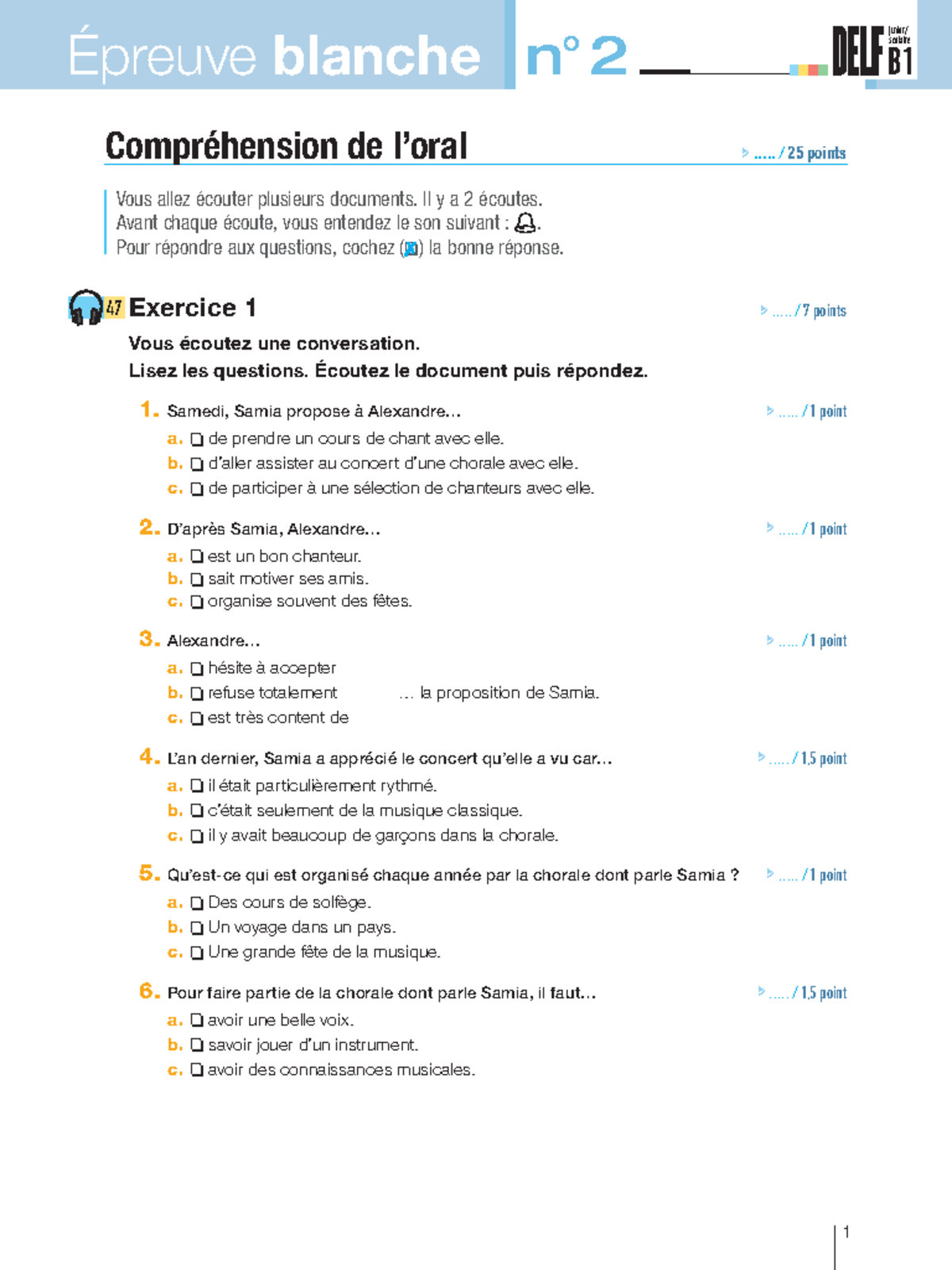 DELF B1 SJ NF Epreuve blanche 2 - B junior/ scolaire Épreuve blanche n ...