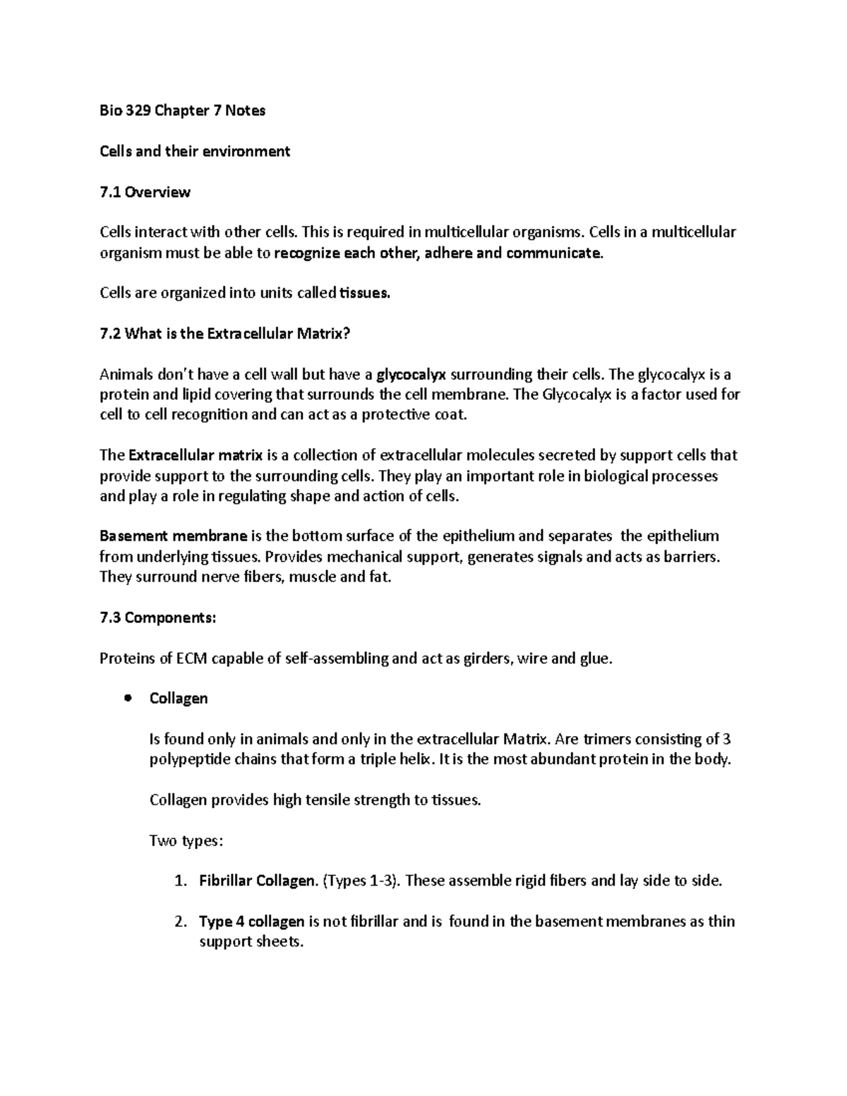 Bio 329 Chapter 7 Notes - Goes over the Extracellular Matrix and how ...