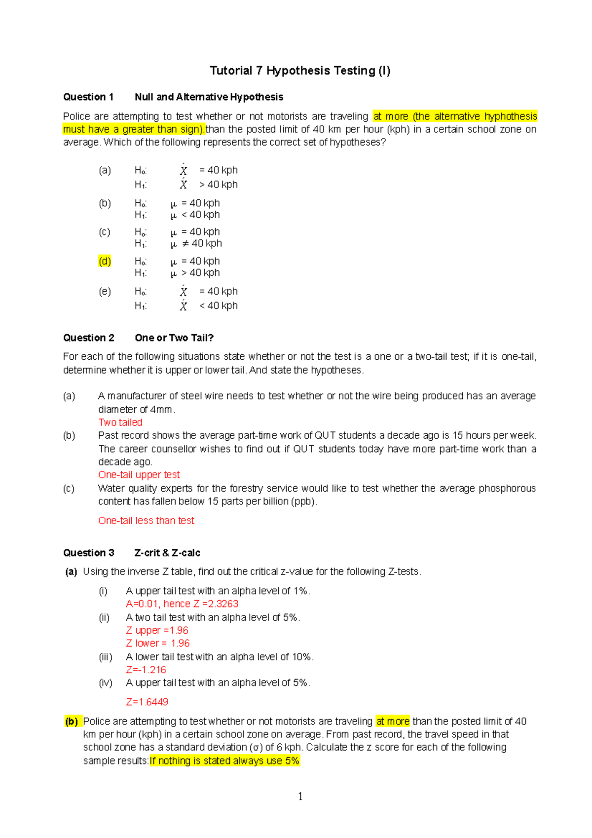 Tute 7 Hypothesis Testing I - Tutorial 7 Hypothesis Testing (I ...