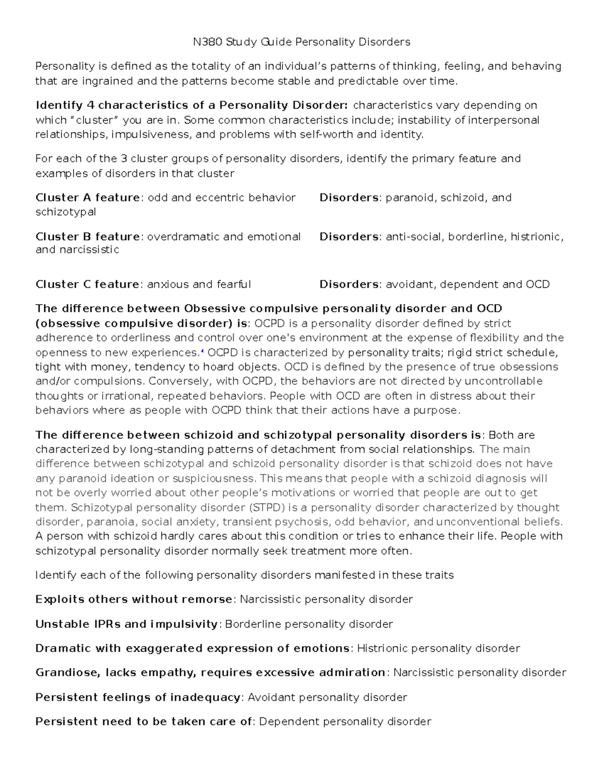 Personality Disorders study guide - N380 Study Guide Personality ...