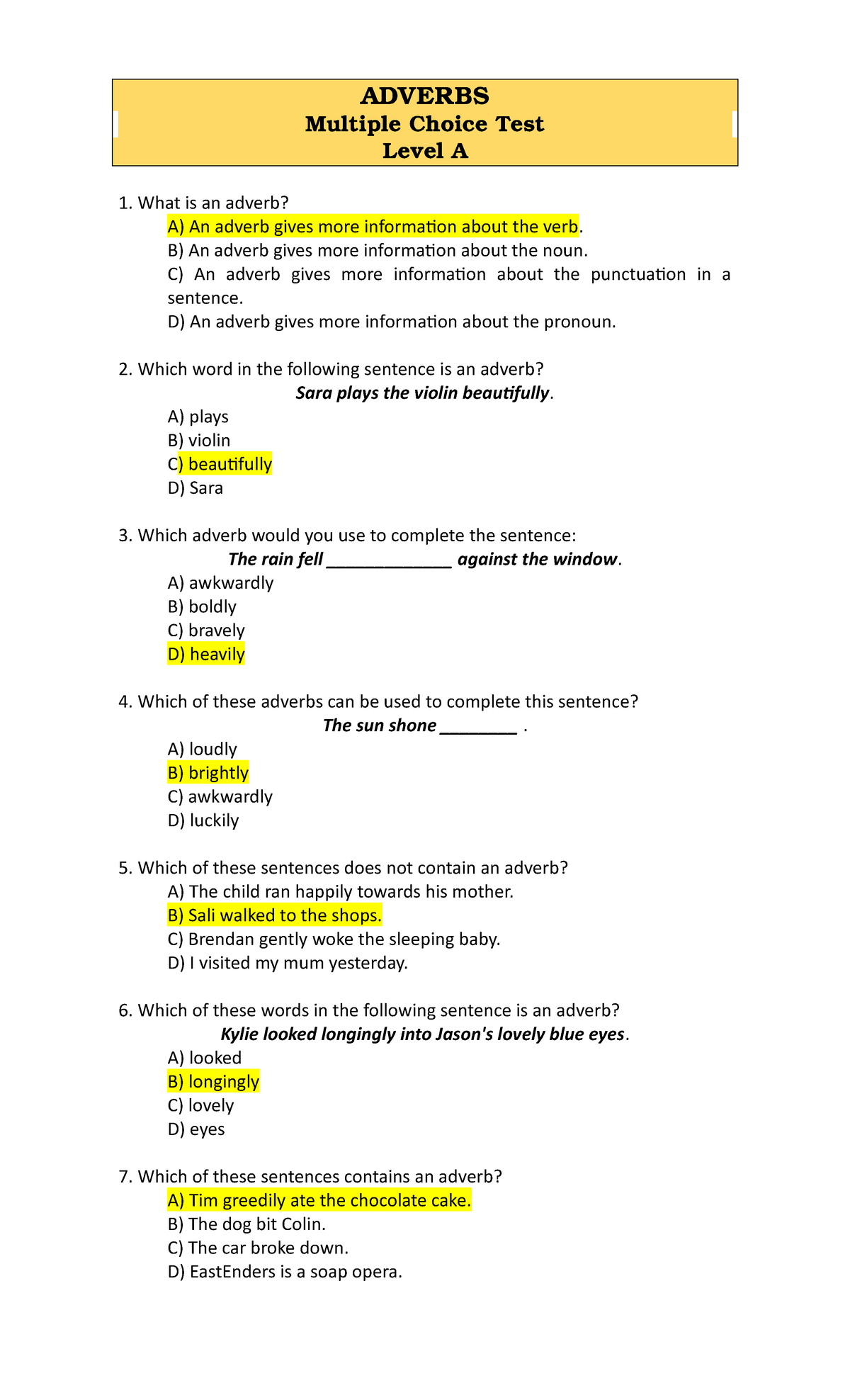 Adverbs - Multiple Choice Test - Level A - ADVERBS Multiple Choice Test ...