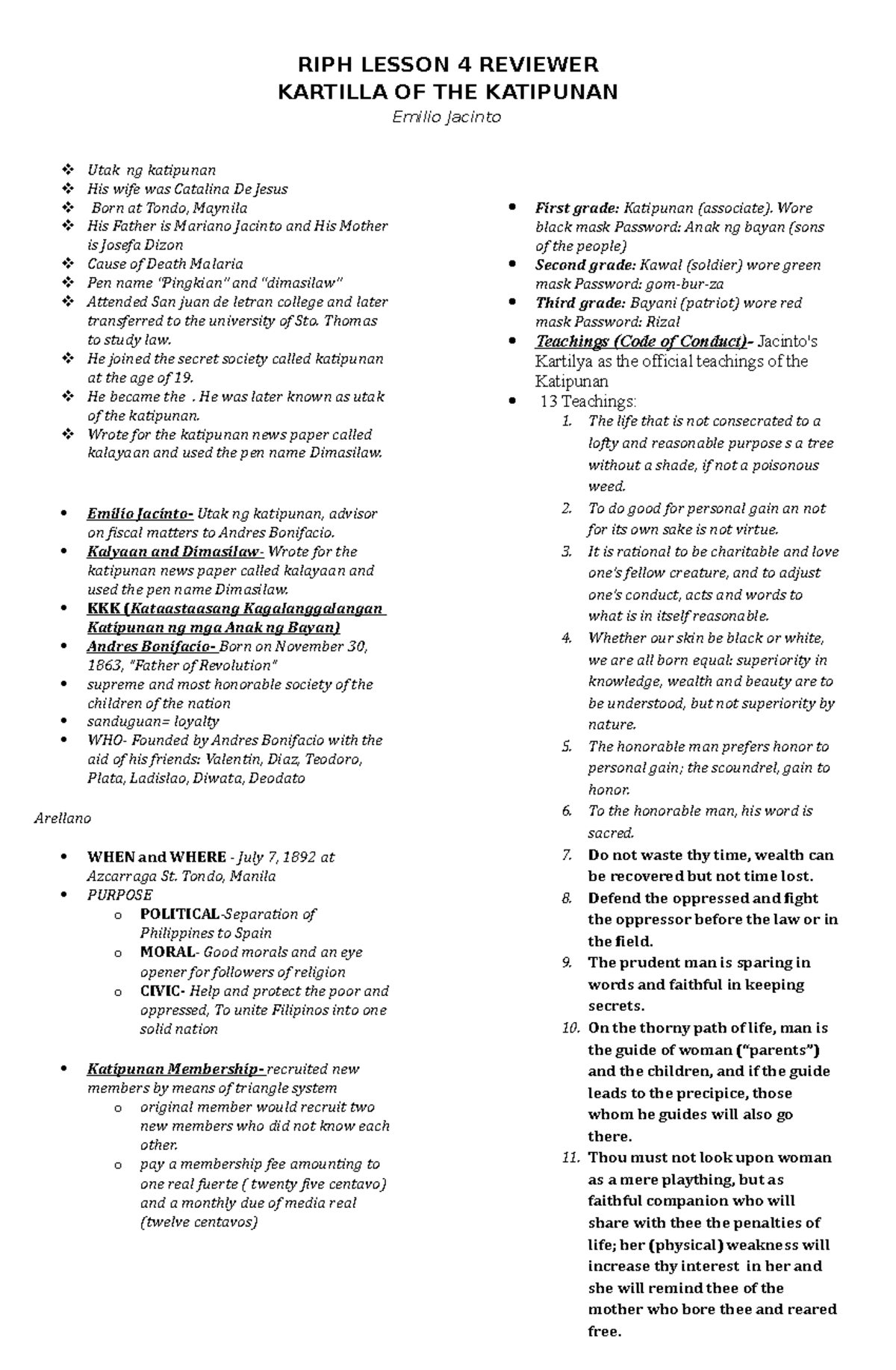 RIPH Lesson 4 Reviewer Kartilla OF THE Katipunan - RIPH LESSON 4 REVIEWER KARTILLA OF THE ...