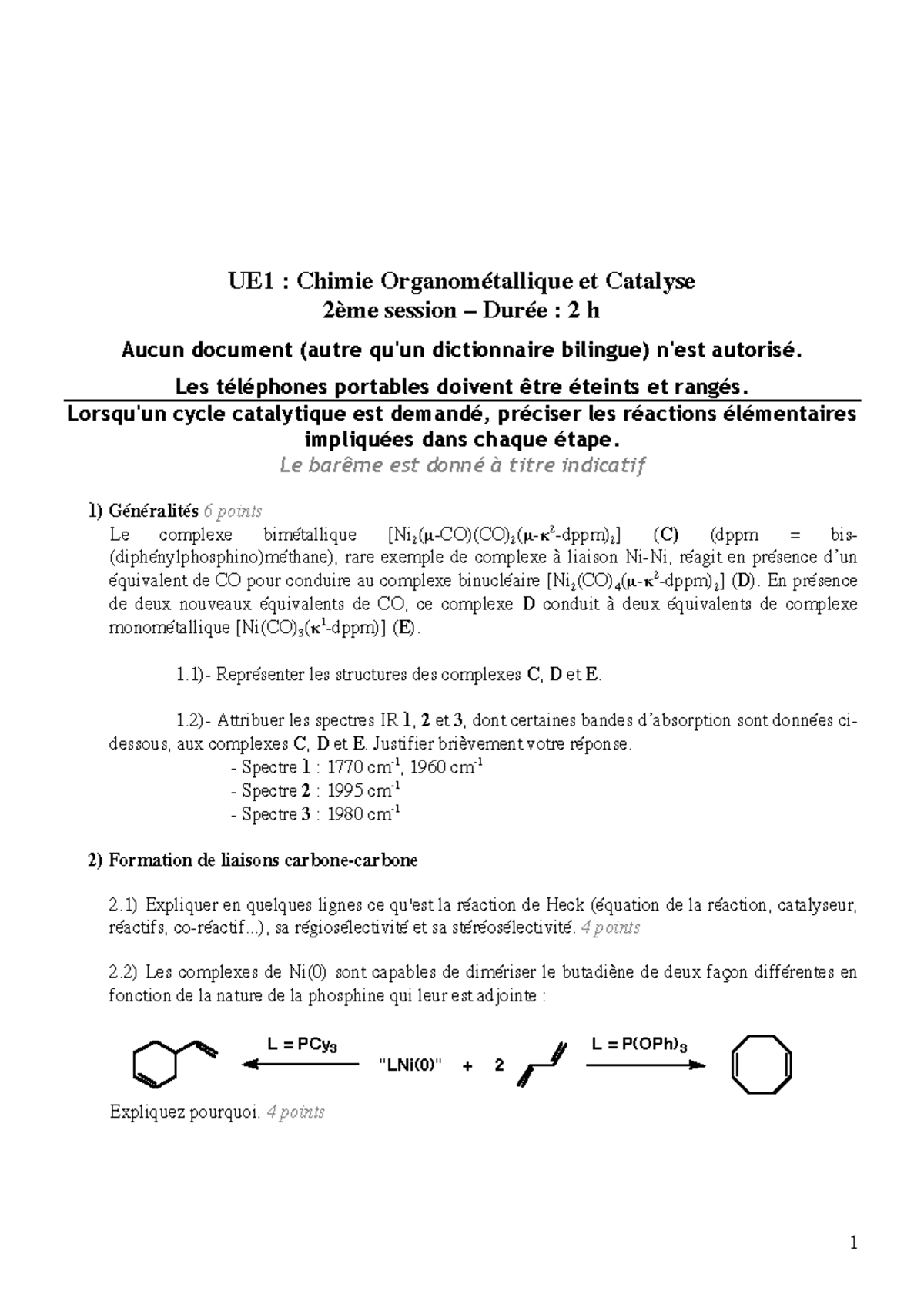Contrôle corrigé 5 Chimie Organométallique et Catalyse - UE1 : Chimie Organométallique et ...