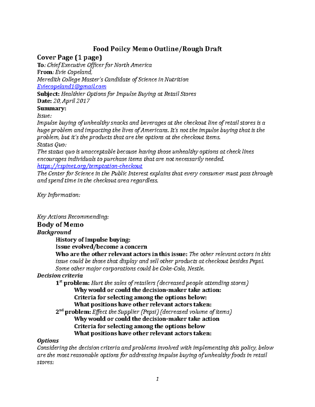 Food Poilcy Memo Outline - Food Poilcy Memo Outline/Rough Draft Cover ...