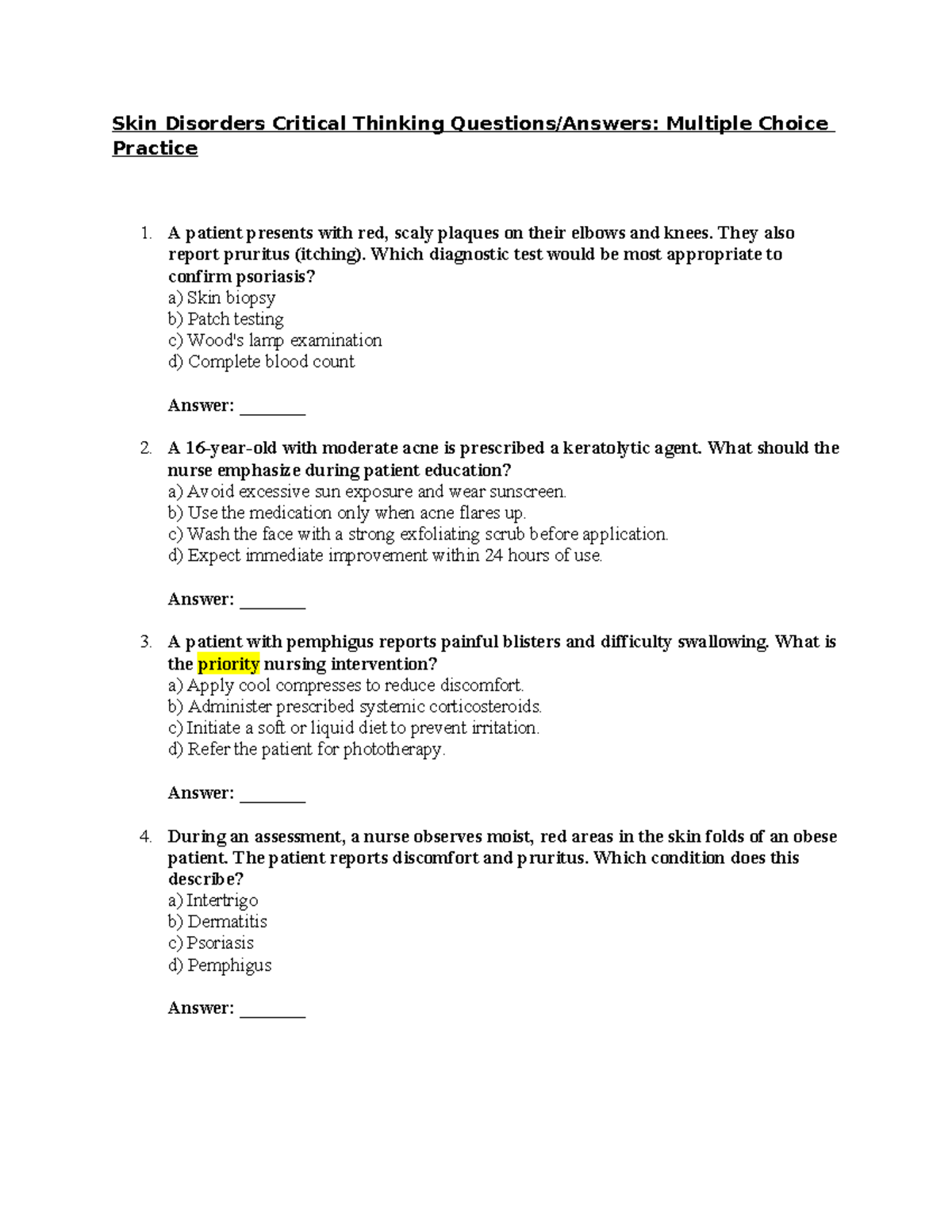 Skin Disorders Critical Thinking Questions T 2 - Skin Disorders ...