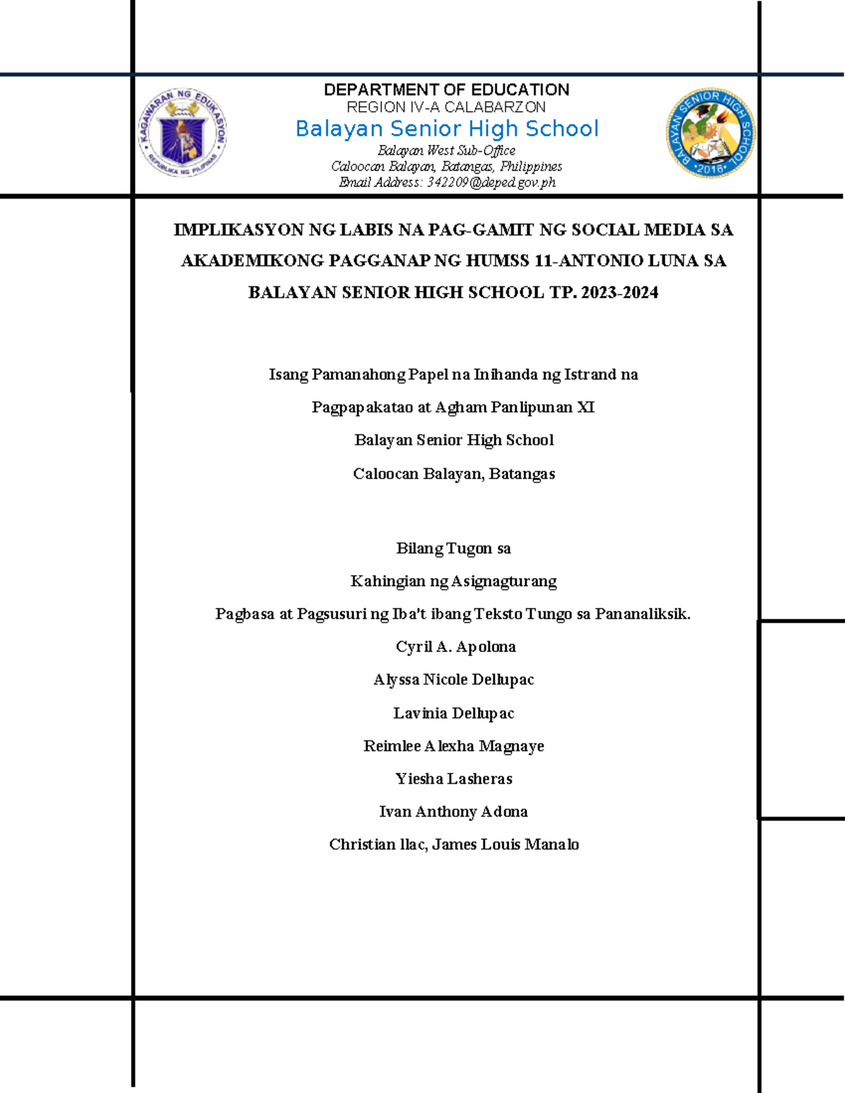 Pagpag - DEPARTMENT OF EDUCATION REGION IV-A CALABARZON Balayan Senior ...