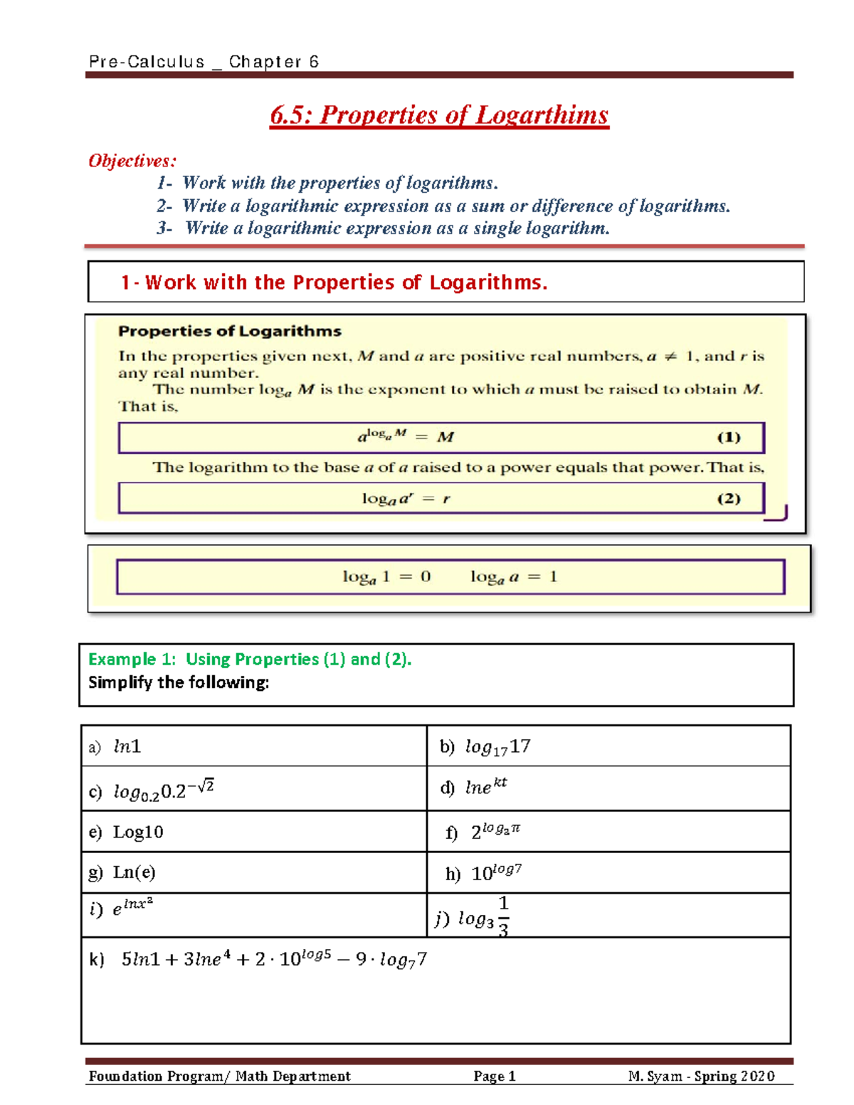 6.5 Properties of logarithms-Spring 2020 - 6: Properties of Logarthims ...