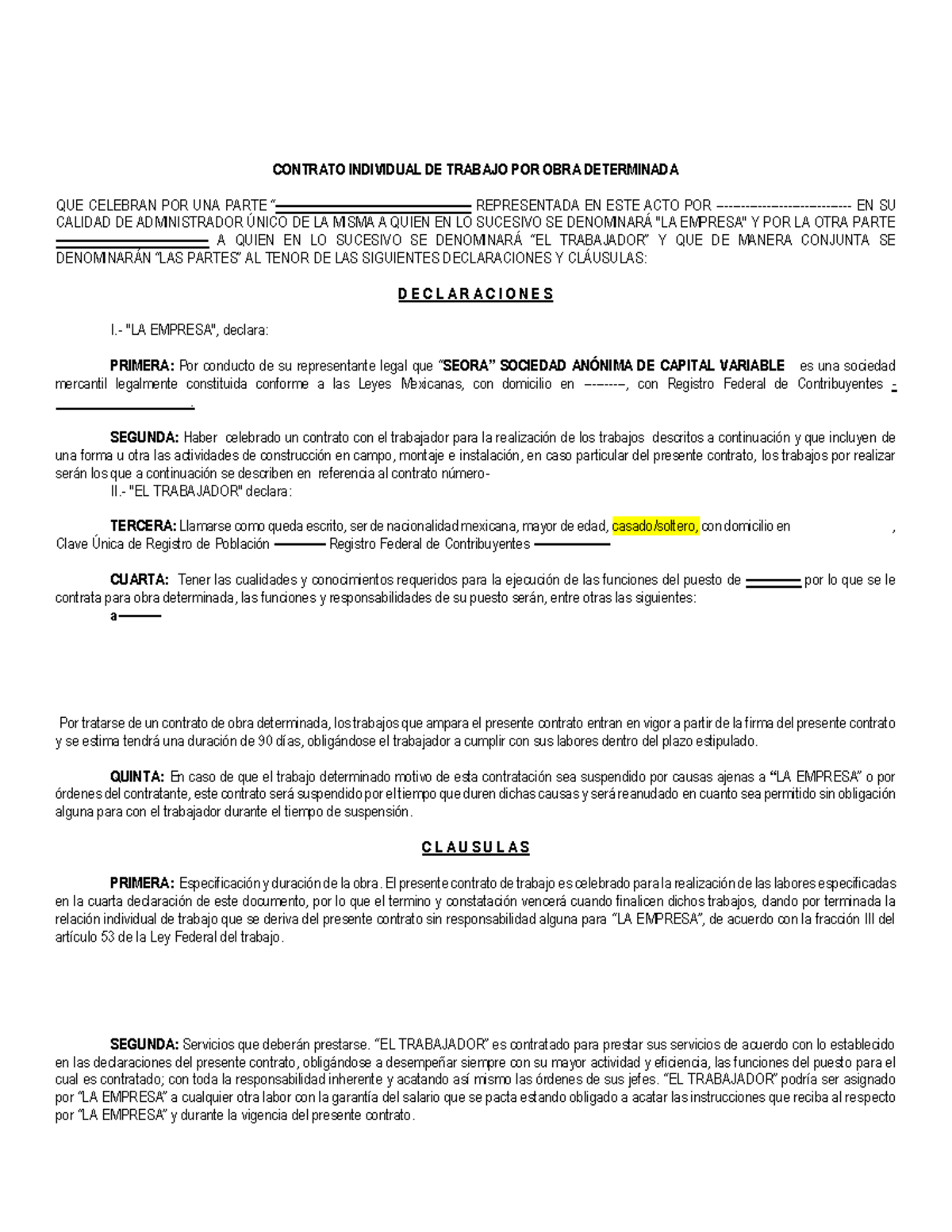 Contrato de trabajo idividula obra dererminada - CONTRATO INDIVIDUAL DE TRABAJO POR OBRA ...