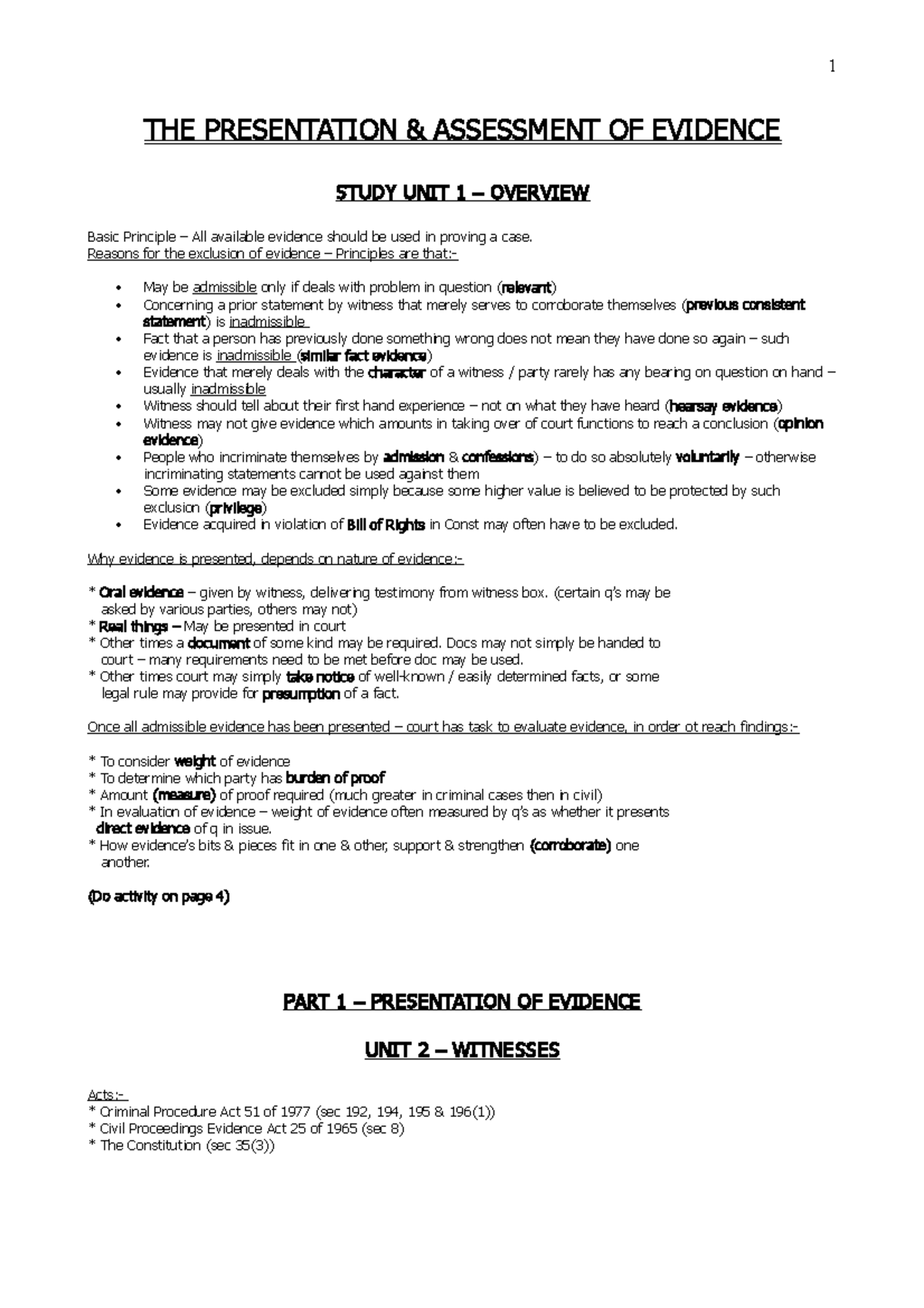 EVI3702-Summary-Notes - THE PRESENTATION & ASSESSMENT OF EVIDENCE STUDY ...